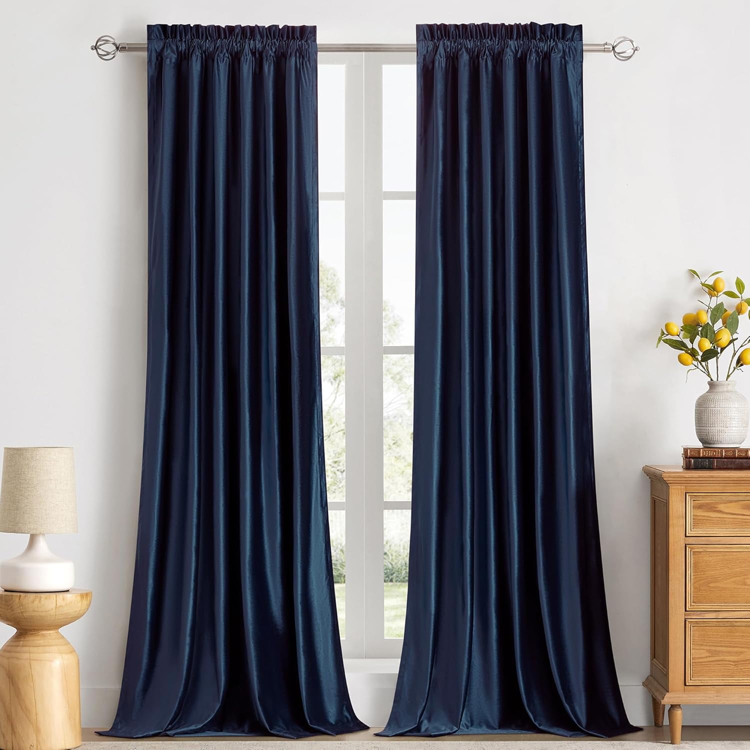 Navy Blue Curtains 96 Inch for Living Room Velvet Blackout Rod Pocket ...