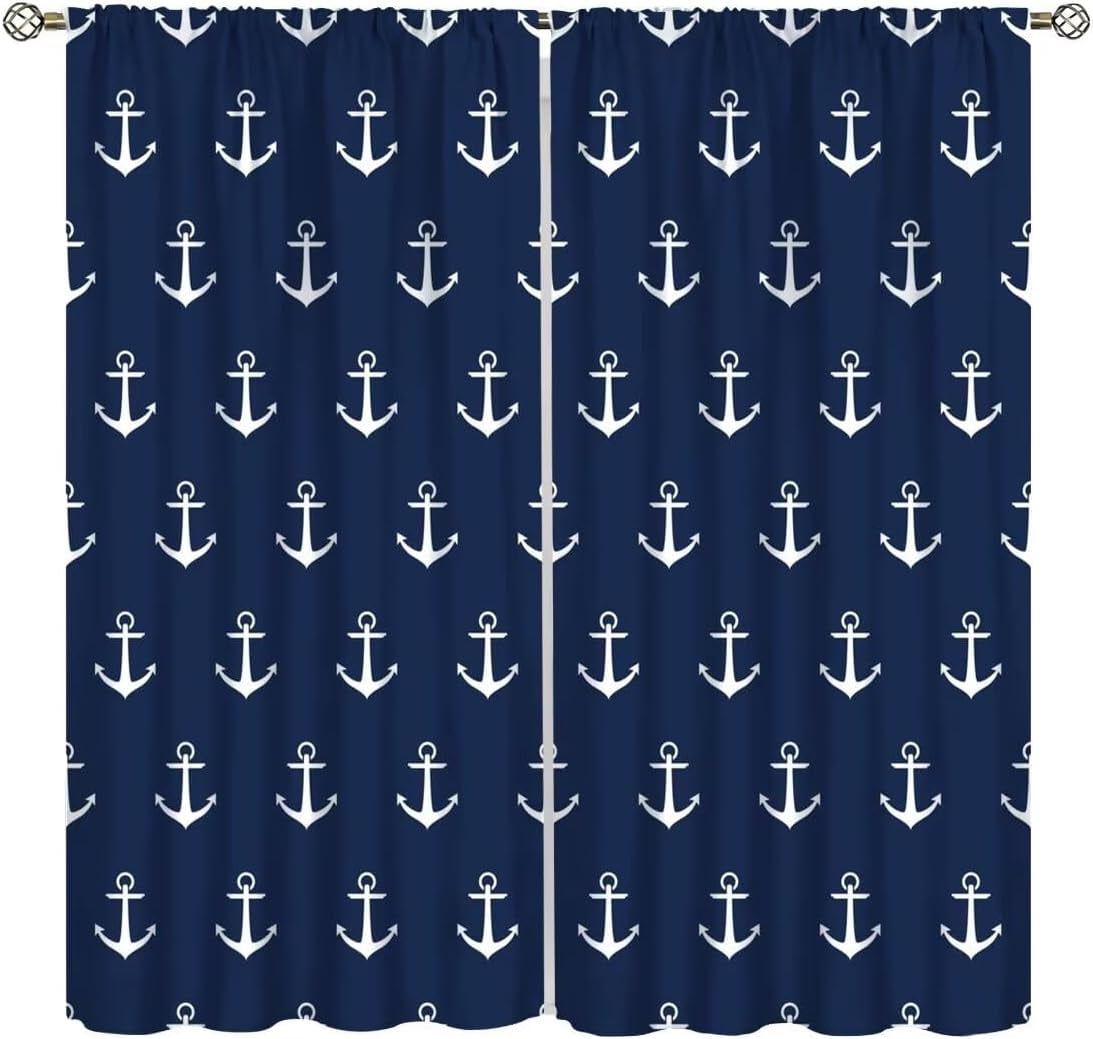 Navy Blue Curtains,Nautical Anchor Print Window Treatments for Bedroom ...