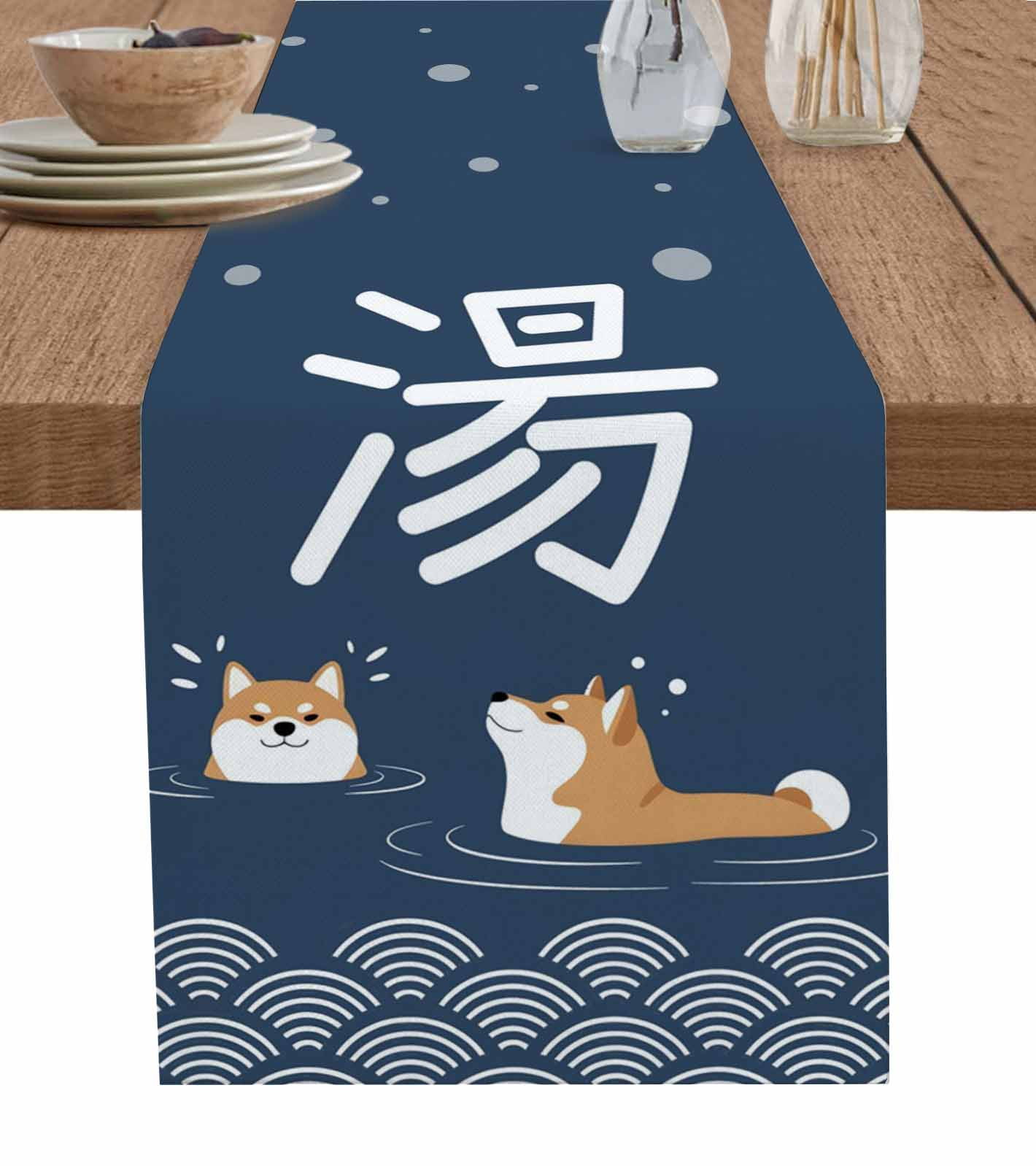 Navy Blue Cute Puppy Table Runner 60 Inches, Modern Abstract Dog ...