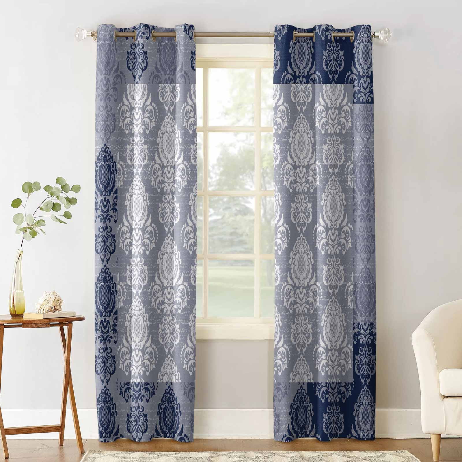 Navy Blue Damask Blackout Curtains 63 Inches Length, Boho Medallion ...