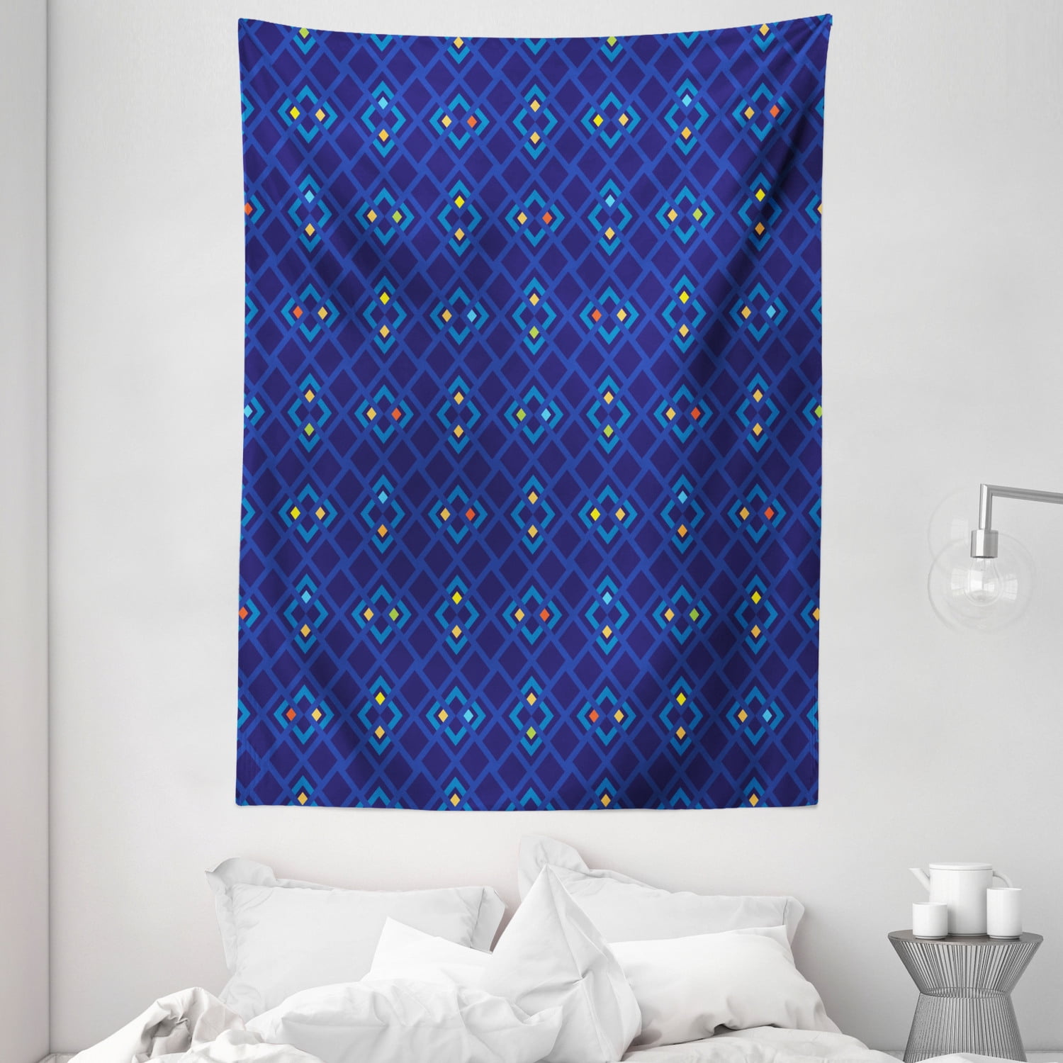 Navy Blue Decor Tapestry, Geometric Mosaic Square Patterned Colorful ...