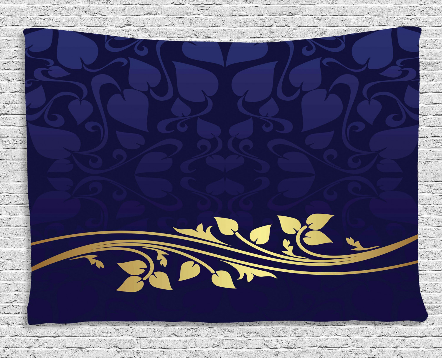 Navy Blue Decor Tapestry, Romantic Royal Leaf Pattern with Golden ...