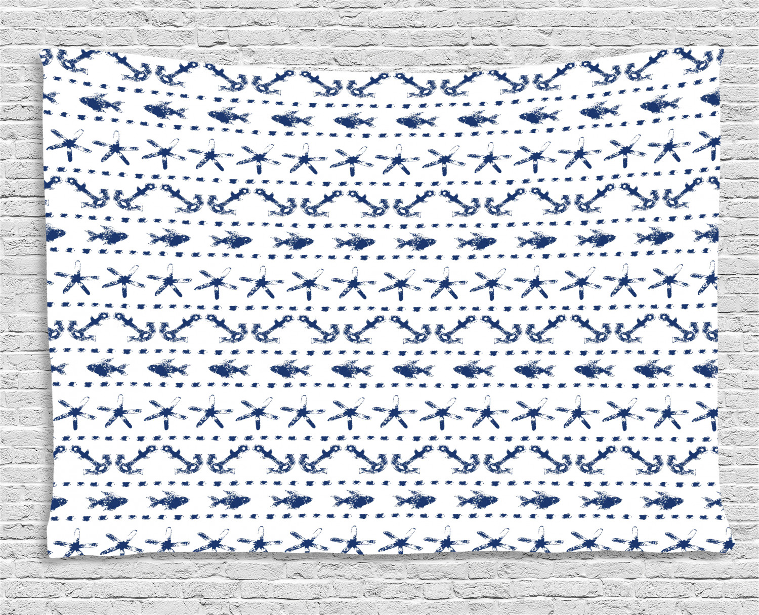 Navy Blue Decor Tapestry, Navy Yatch Themed Design with Fish Starfish ...