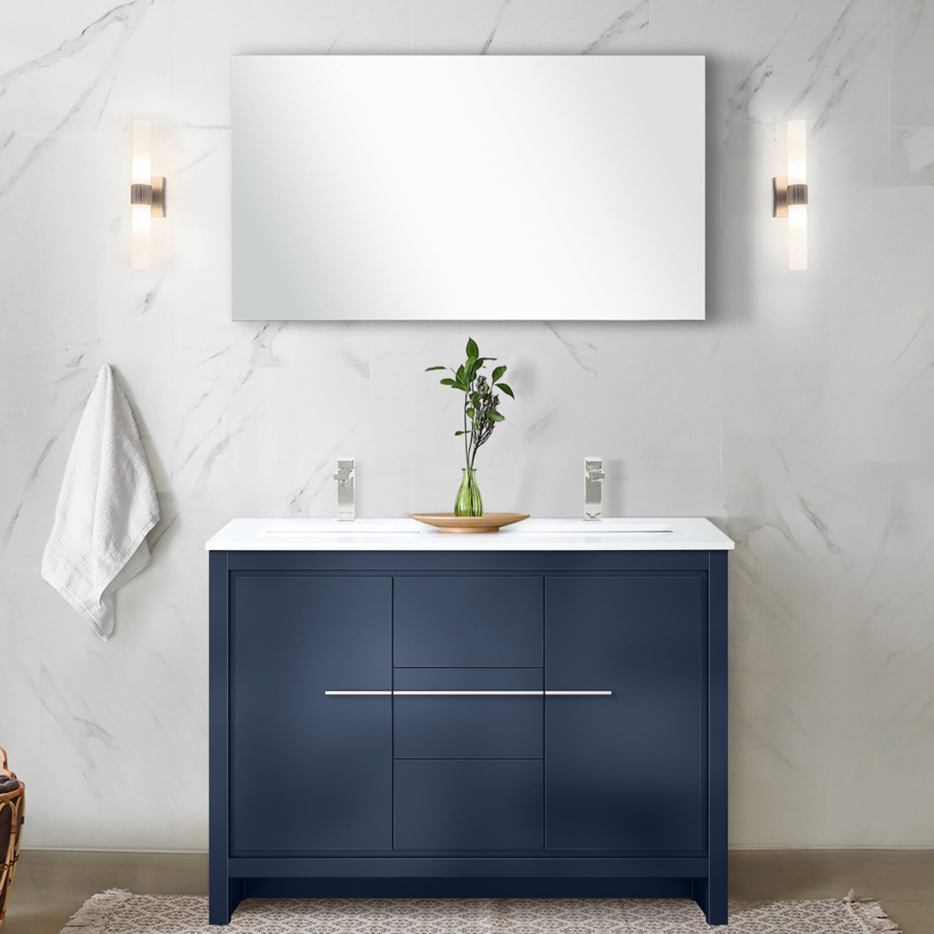Navy Blue Double Bath Vanity 48 In. W X 20 D With White Quartz Surface ...