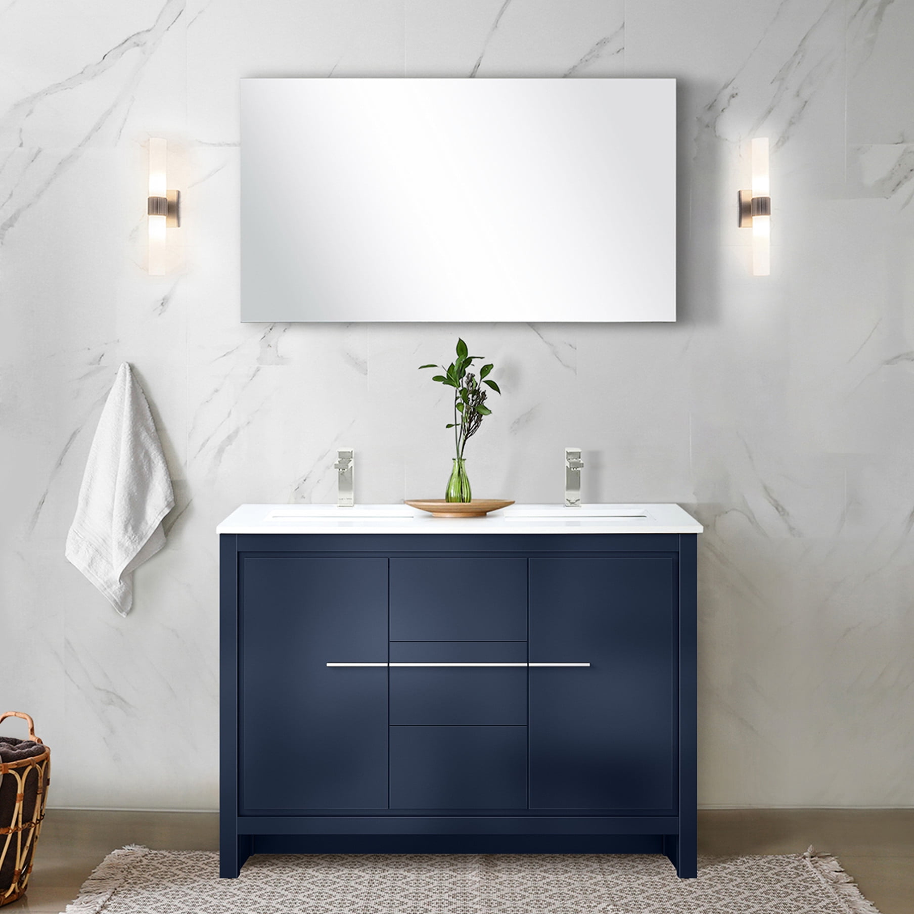 Navy Blue Double Bath Vanity 48 In. W X 20 D With White Quartz Top And ...