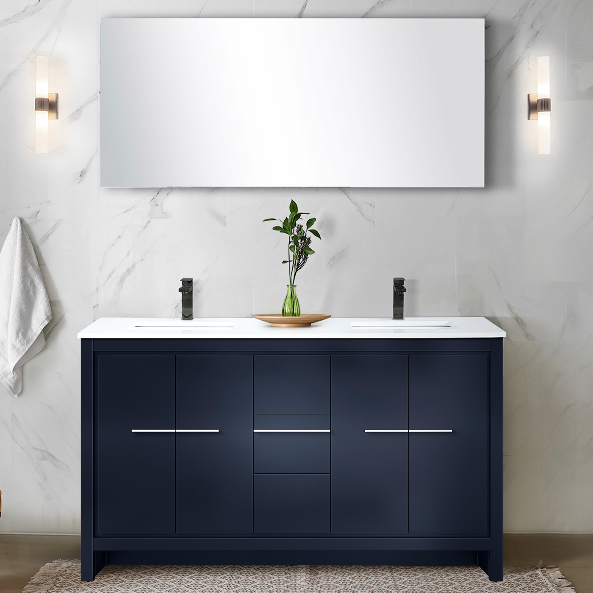 Navy Blue Double Bath Vanity 60 In. W X 20 D, White Quartz Top, Metal ...