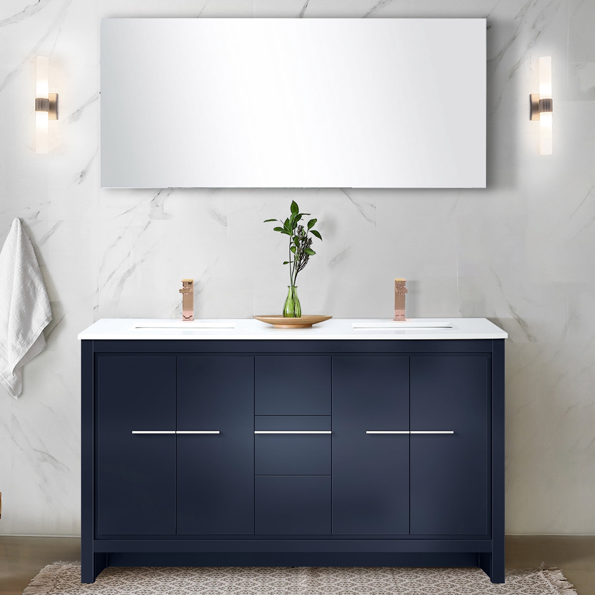 Navy Blue Double Bath Vanity 60" W X 20" D, Marble Top, Rose Gold ...