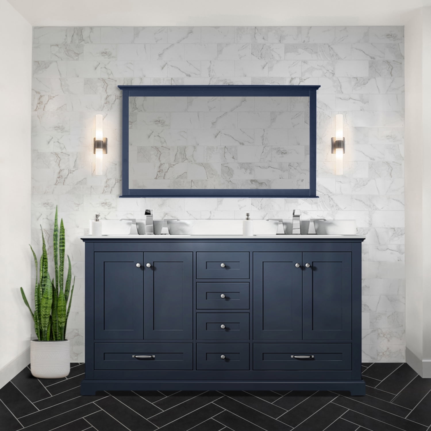 Navy Blue Double Bath Vanity 60 in. W x 22 in. D, White Quartz Top ...