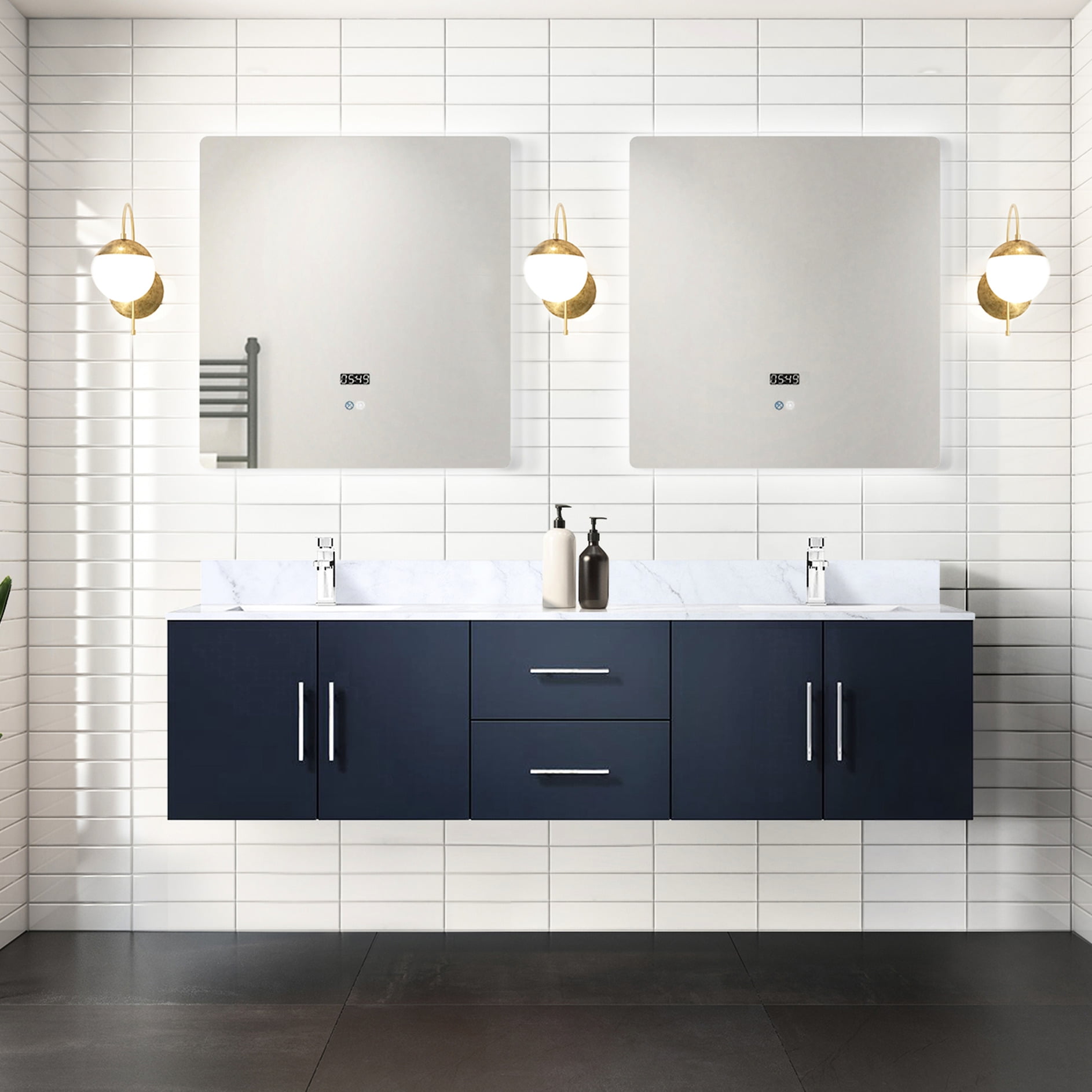 Navy Blue Double Bath Vanity 72 In. W X 22 D With 30 Led Mirrors - Two ...
