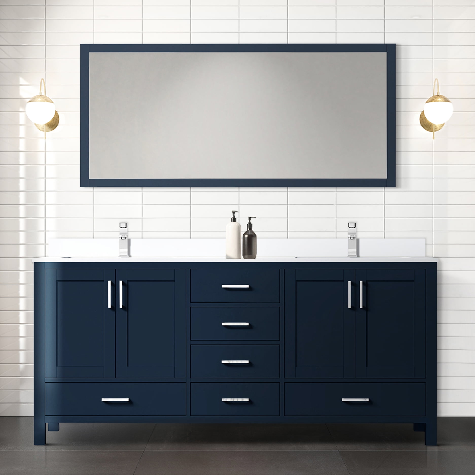Navy Blue Double Bath Vanity 72 In. W X 22 D, White Quartz Surface ...