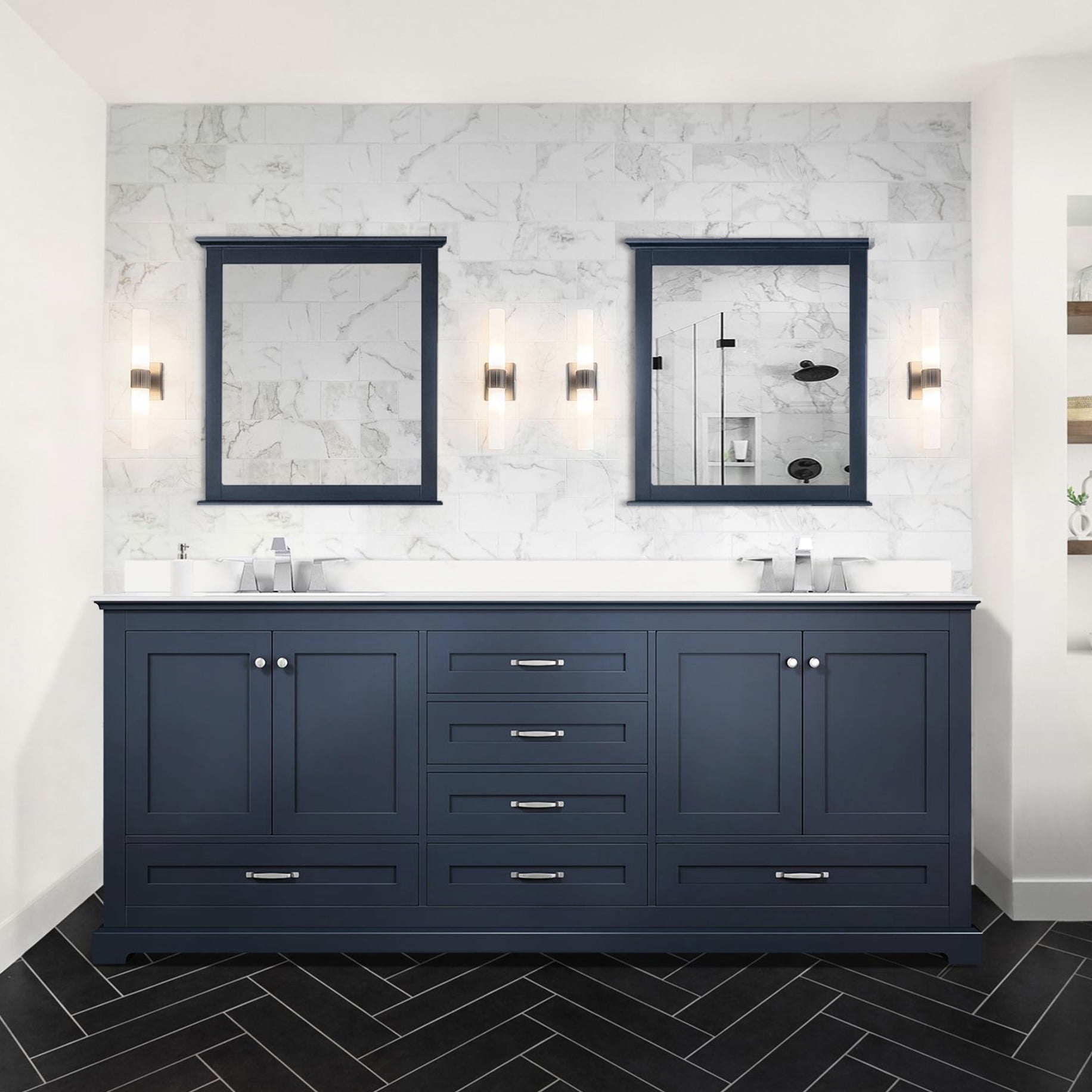 Navy Blue Double Bath Vanity 80 In. - Cultured Marble Top, Mirrors ...