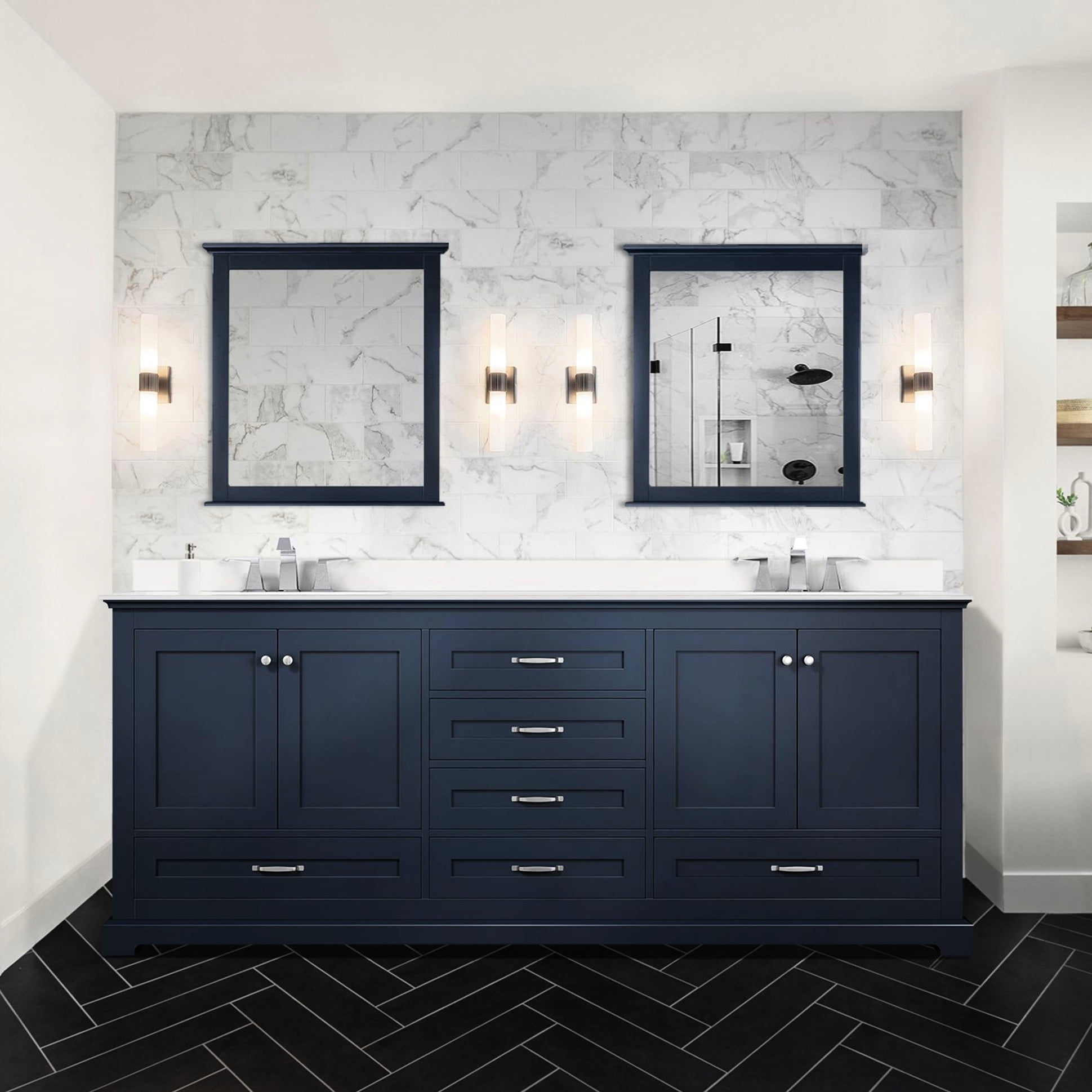 Navy Blue Double Bath Vanity 80 In. X 22 In., White Quartz Top, Faucet ...