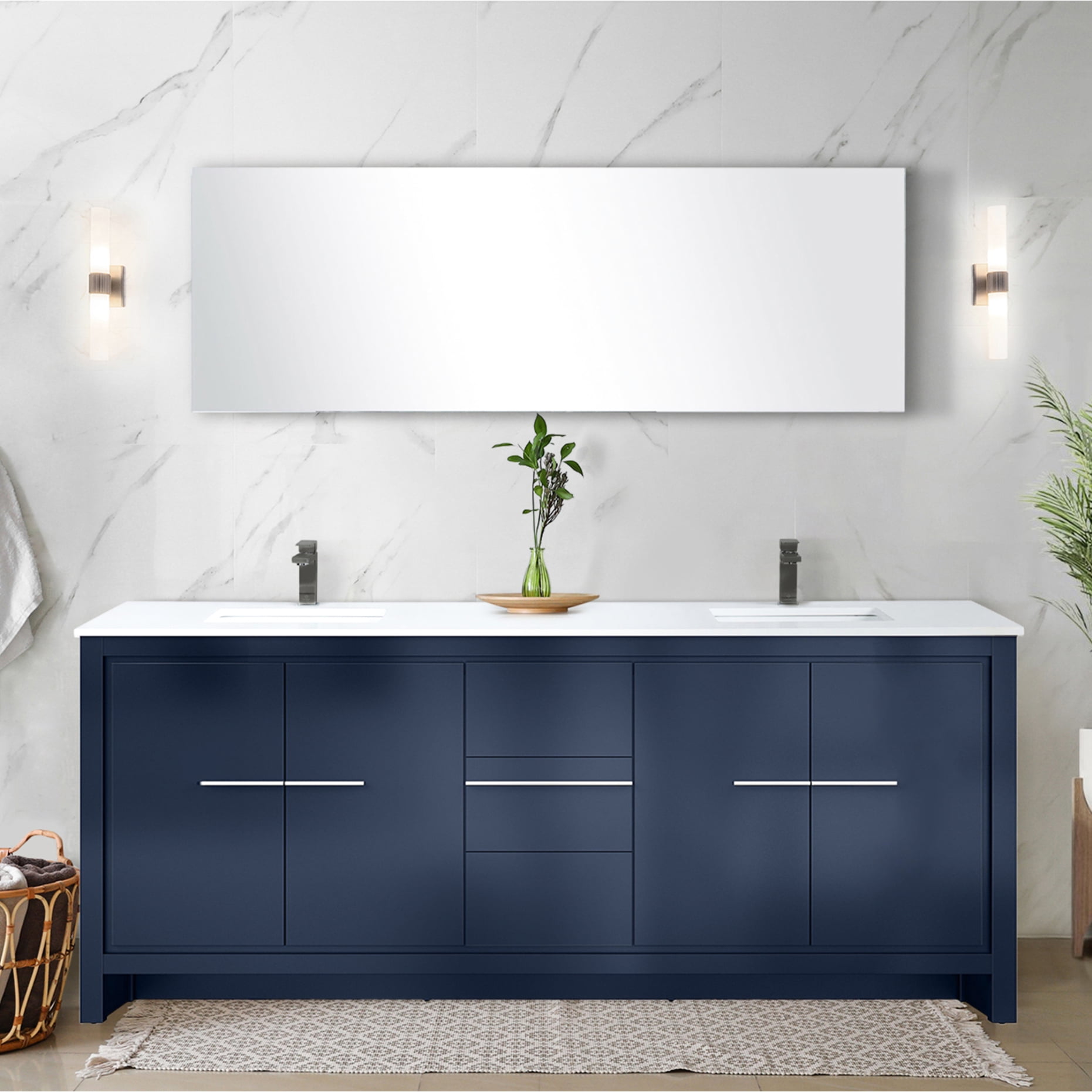 Navy Blue Double Bath Vanity 80" W X 20" D - White Quartz Surface ...