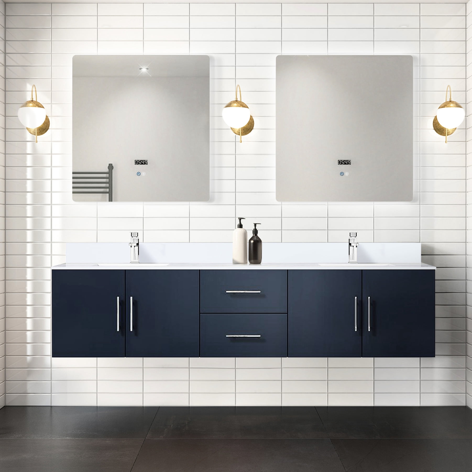 Navy Blue Double Bath Vanity 80" W X 22" D, White Quartz, Faucet, 30 ...