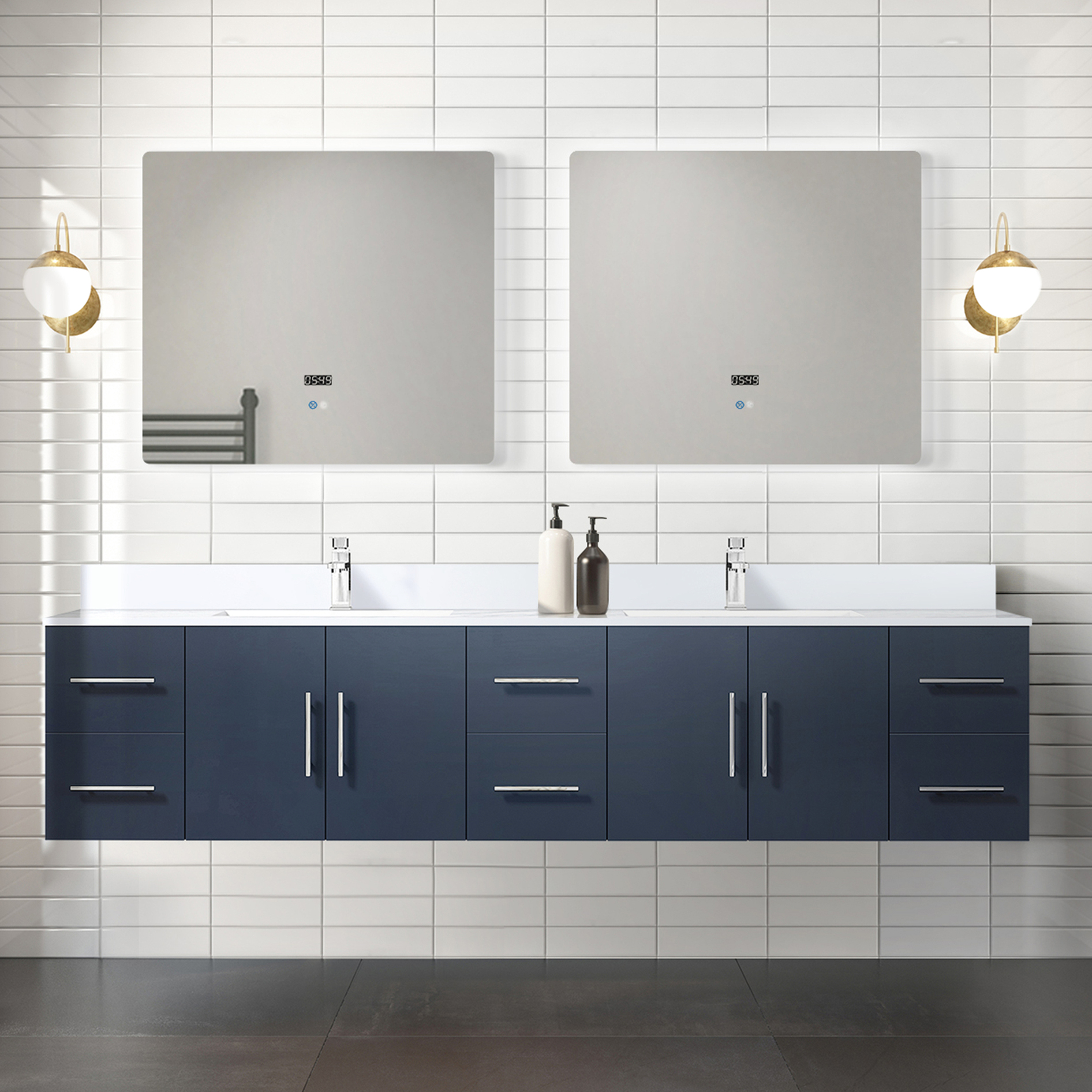 Navy Blue Double Bath Vanity 84 In. W X 22 D With Marble Top & 36 Led ...