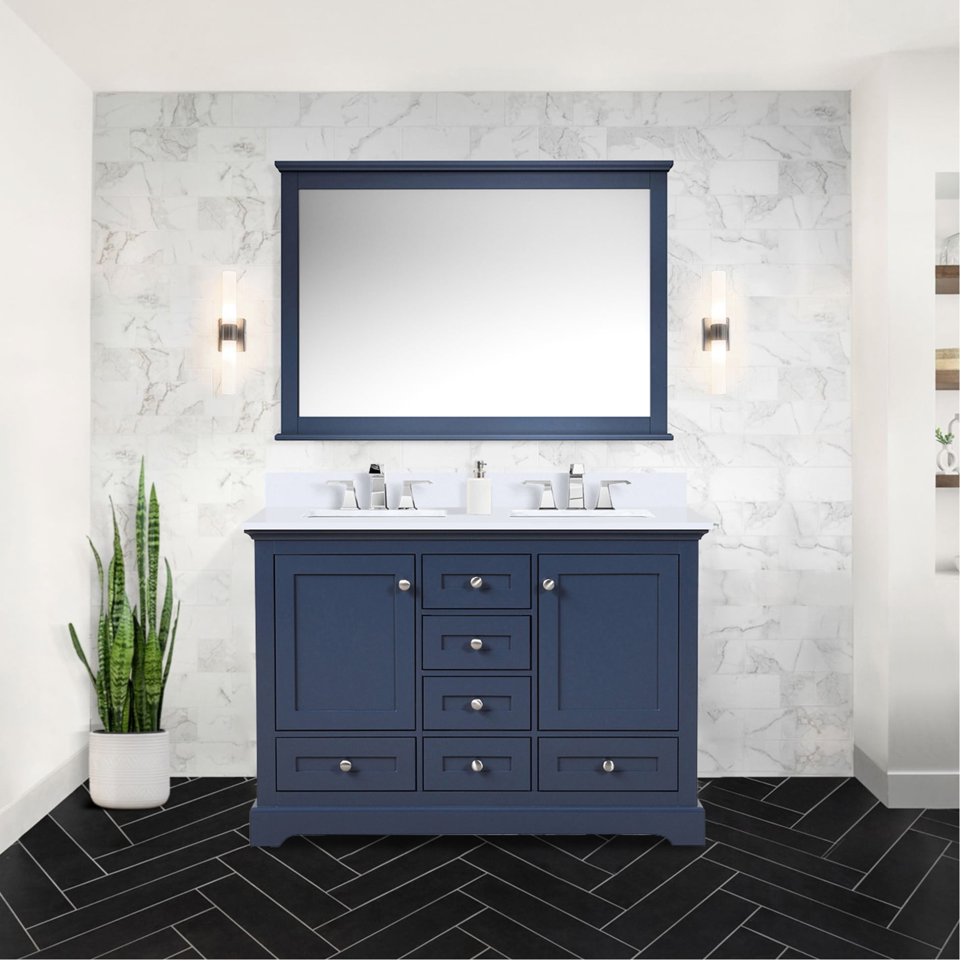 Navy Blue Double Bathroom Vanity 48 In. X 22 In., White Quartz Top ...