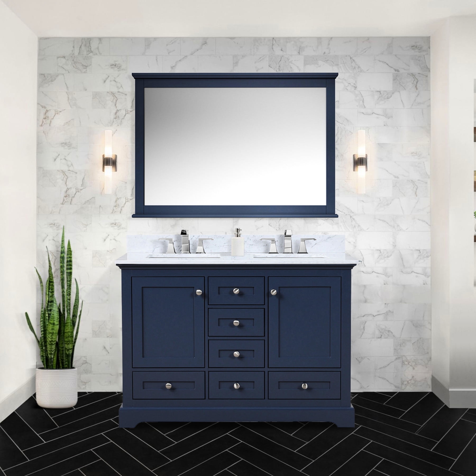 Navy Blue Double Bathroom Vanity 48"x22", Marble Top And Faucet - Soft ...