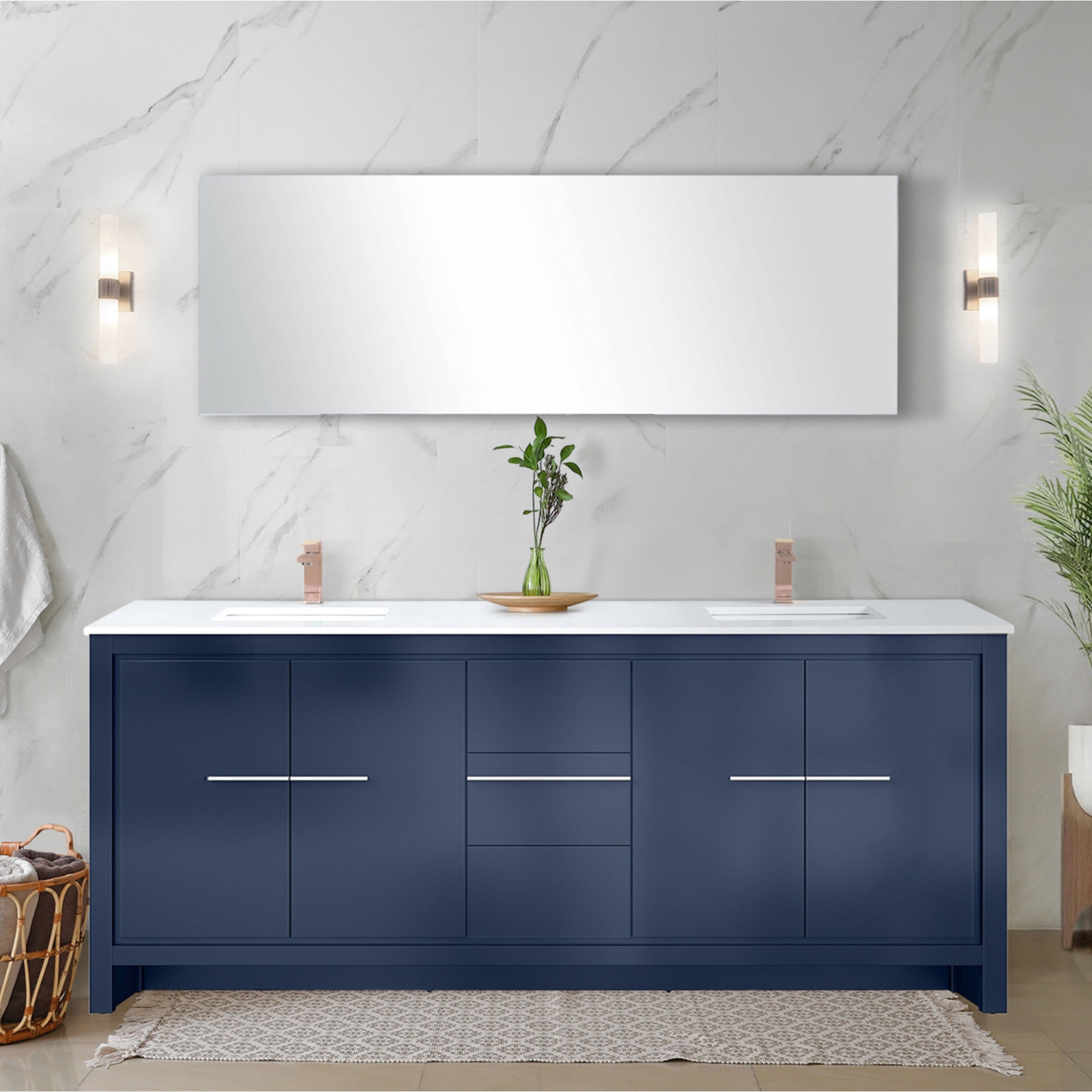 Navy Blue Double Bathroom Vanity 80" W X 20" D, White Quartz Countertop ...