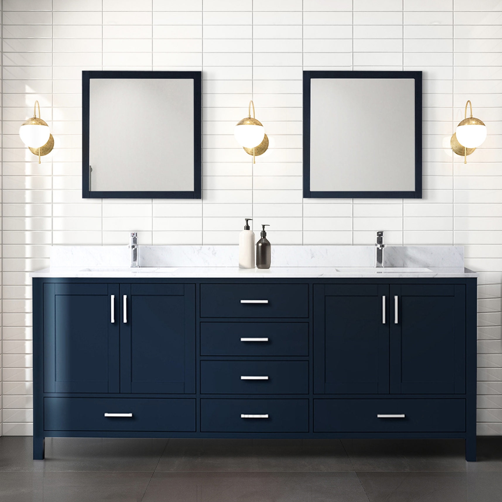 Navy Blue Double Bathroom Vanity, 80 in. W, Carrara Marble Surface ...
