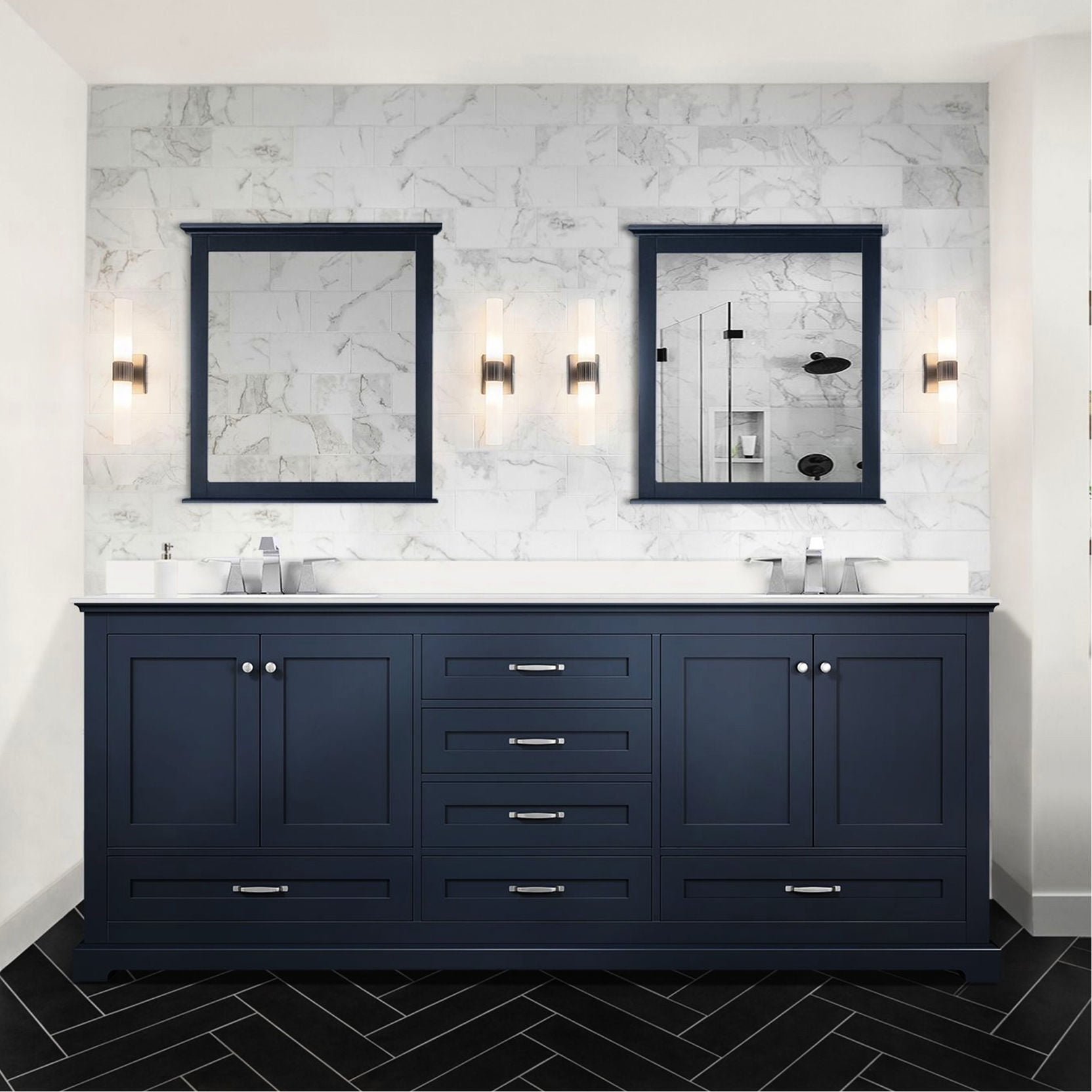 Navy Blue Double Vanity with Marble Surface | 80 in. W and Faucet ...
