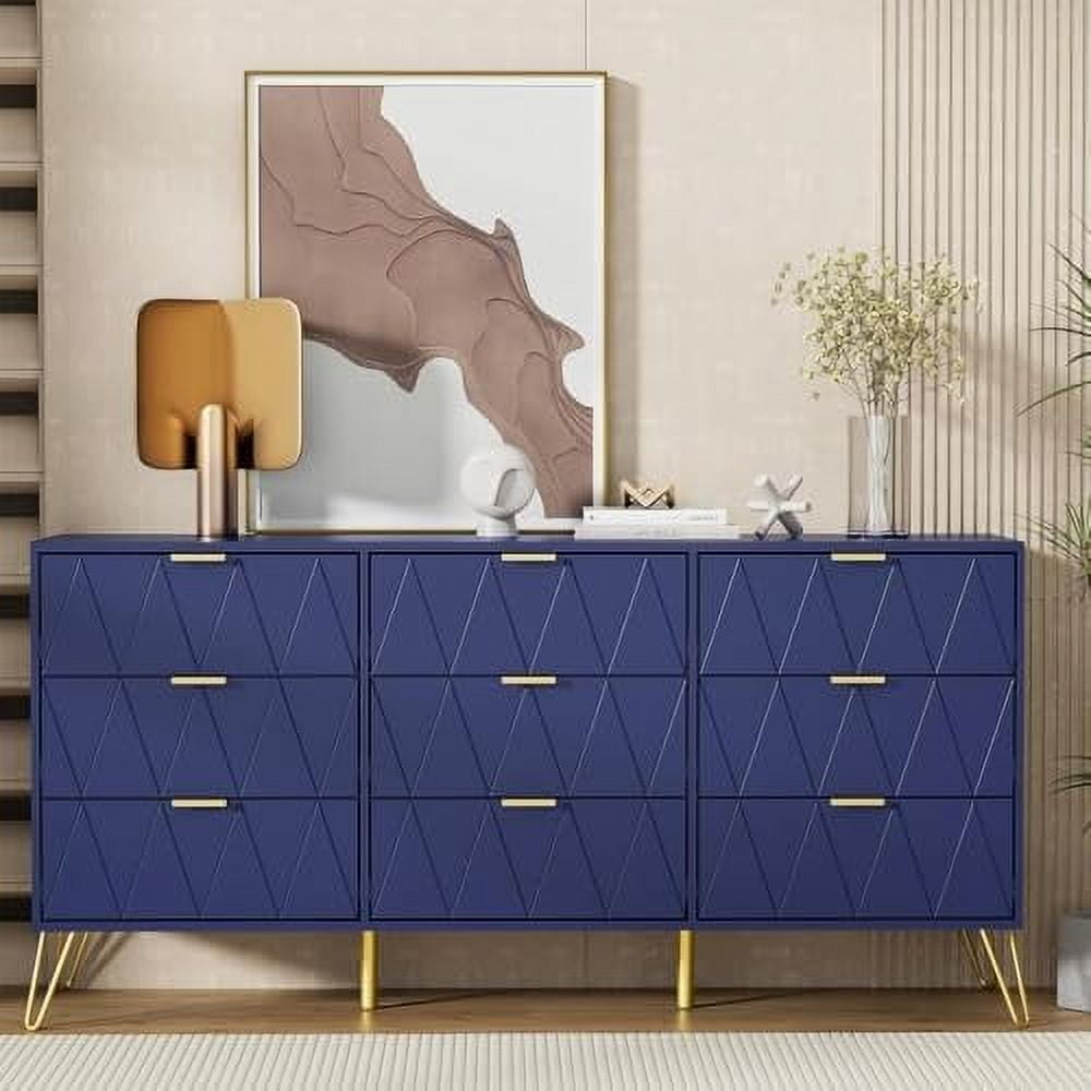 Navy Blue Dresser for Bedroom,Modern 9 Drawer Chest with Gold Accents ...