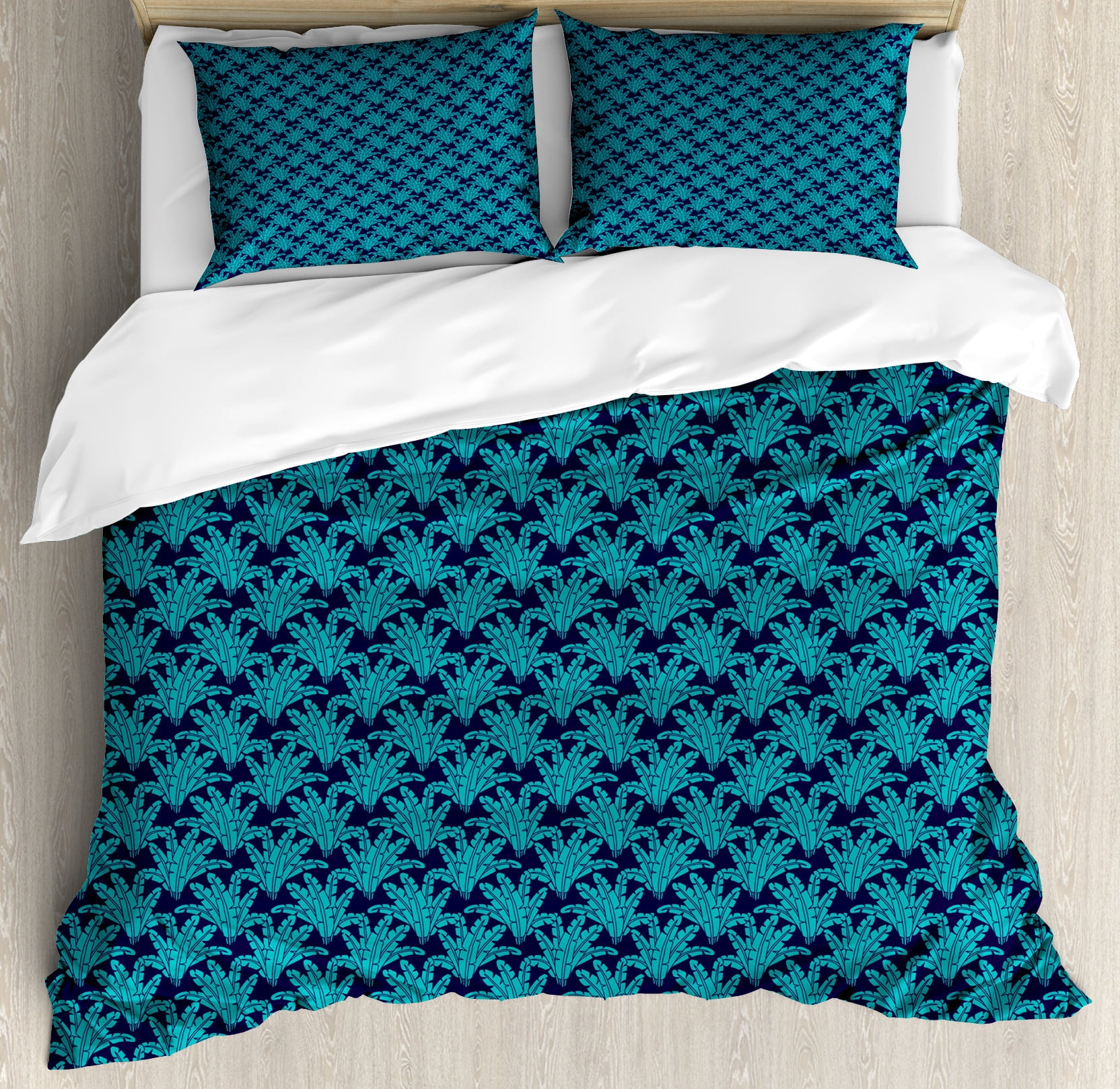 Navy Blue Duvet Cover Set, Exotic Tropical Botanical Jungle Leaves ...