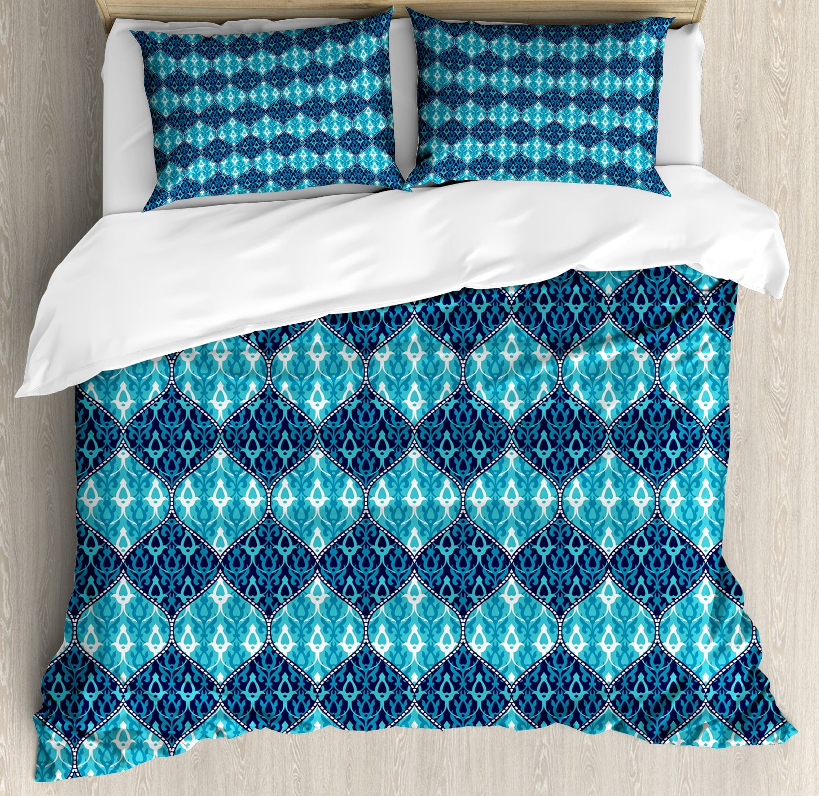 Navy Blue Duvet Cover Set, Horizontal Oriental Inspired Pattern in ...