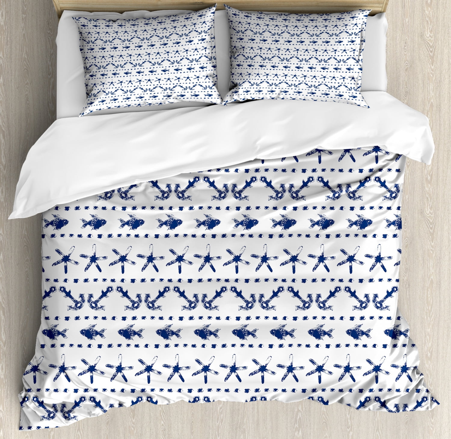 Navy Blue Duvet Cover Set, Illustration Yatch Themed Design Fish ...
