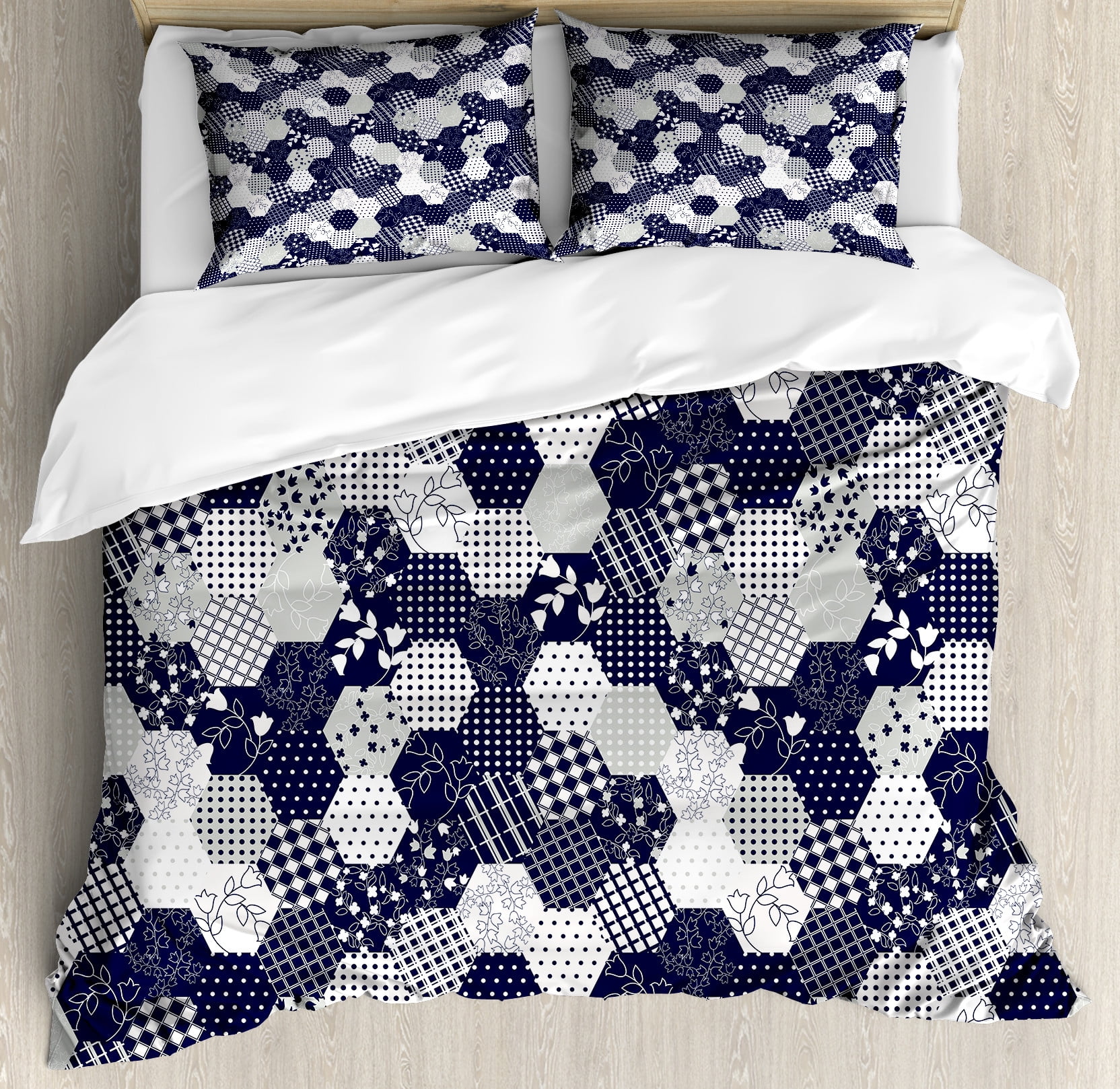 Navy Blue Duvet Cover Set, Octagon Patchwork Style Pattern Image with ...
