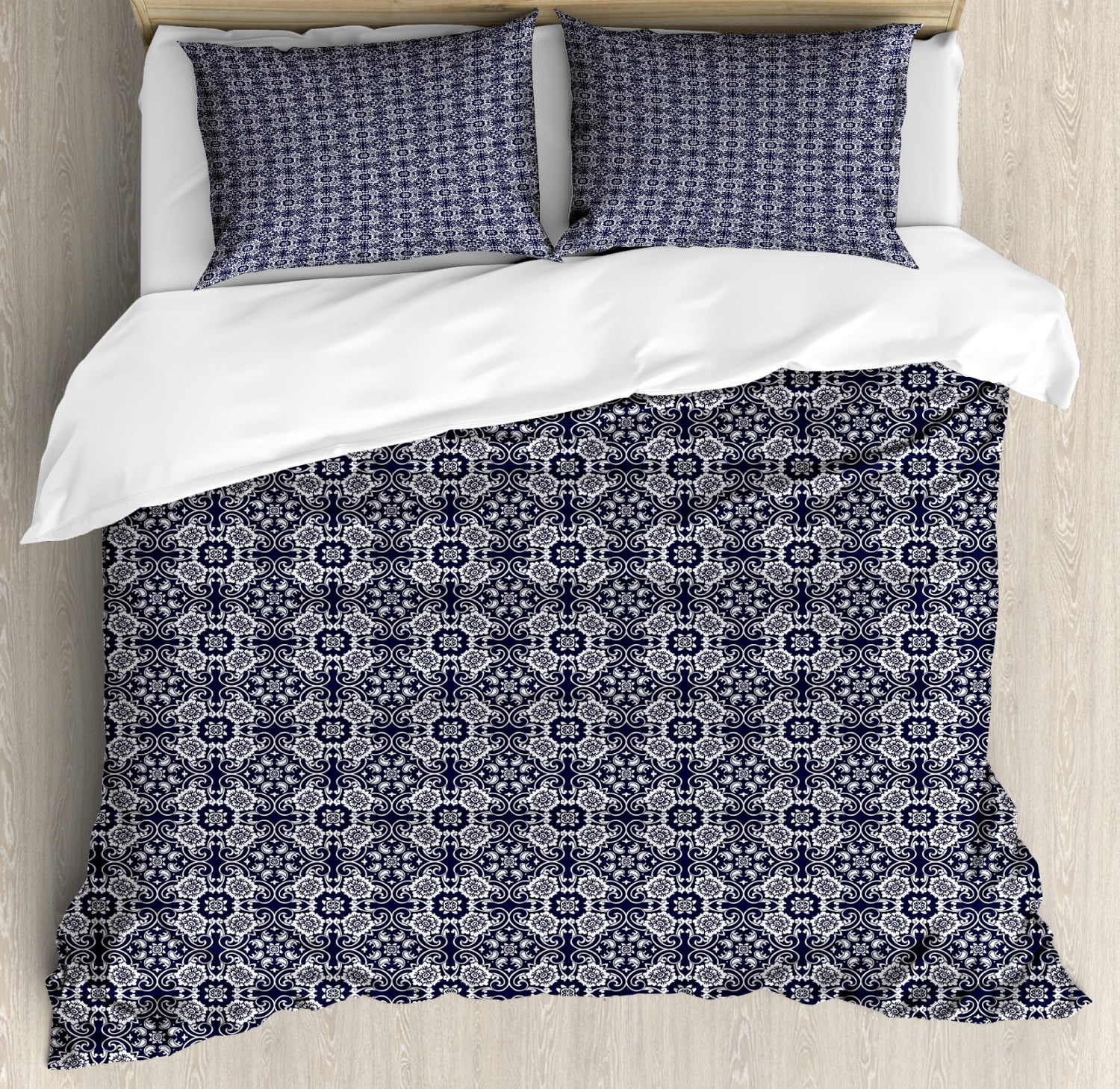 Navy Blue Duvet Cover Set Queen Size, Japanese Inspired Curves Lace ...