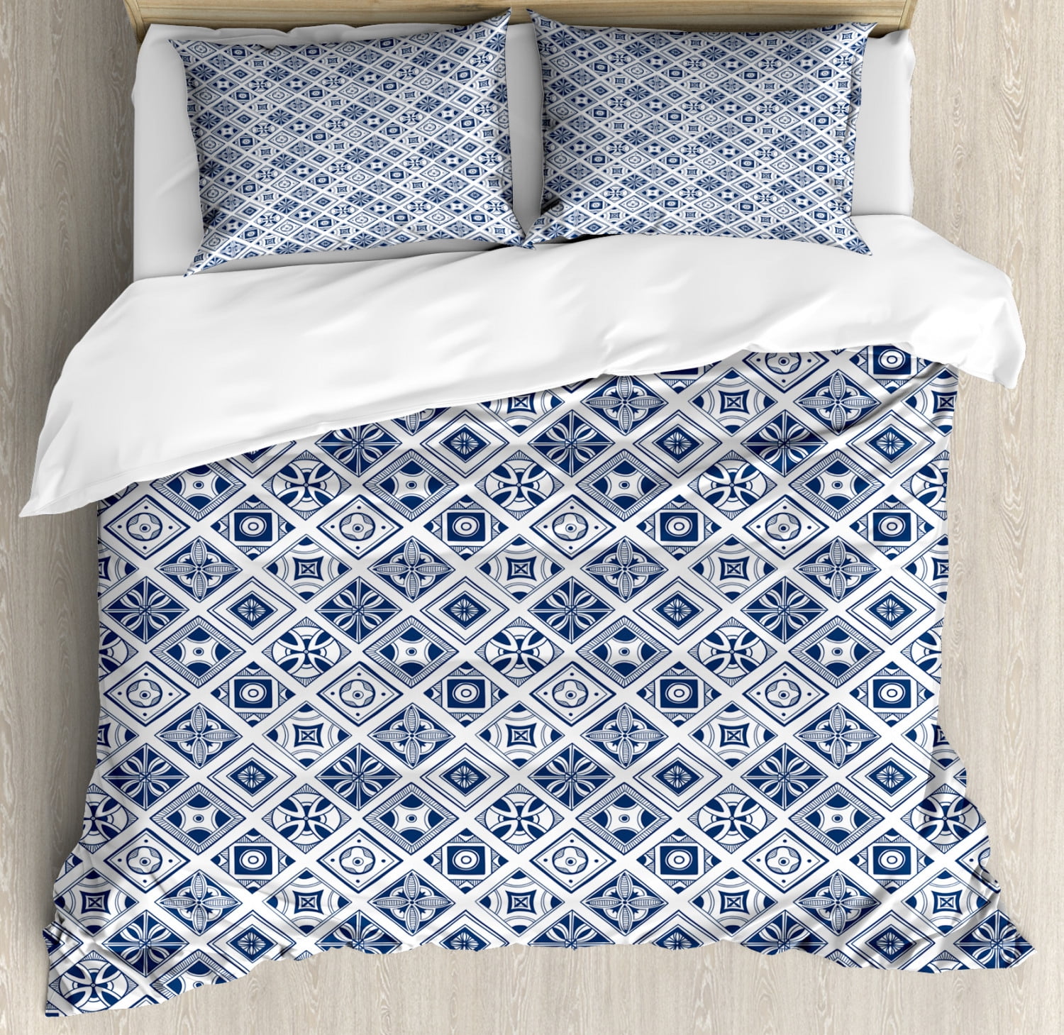 Navy Blue Duvet Cover Set Queen Size, Mediterranean Traditional Art ...