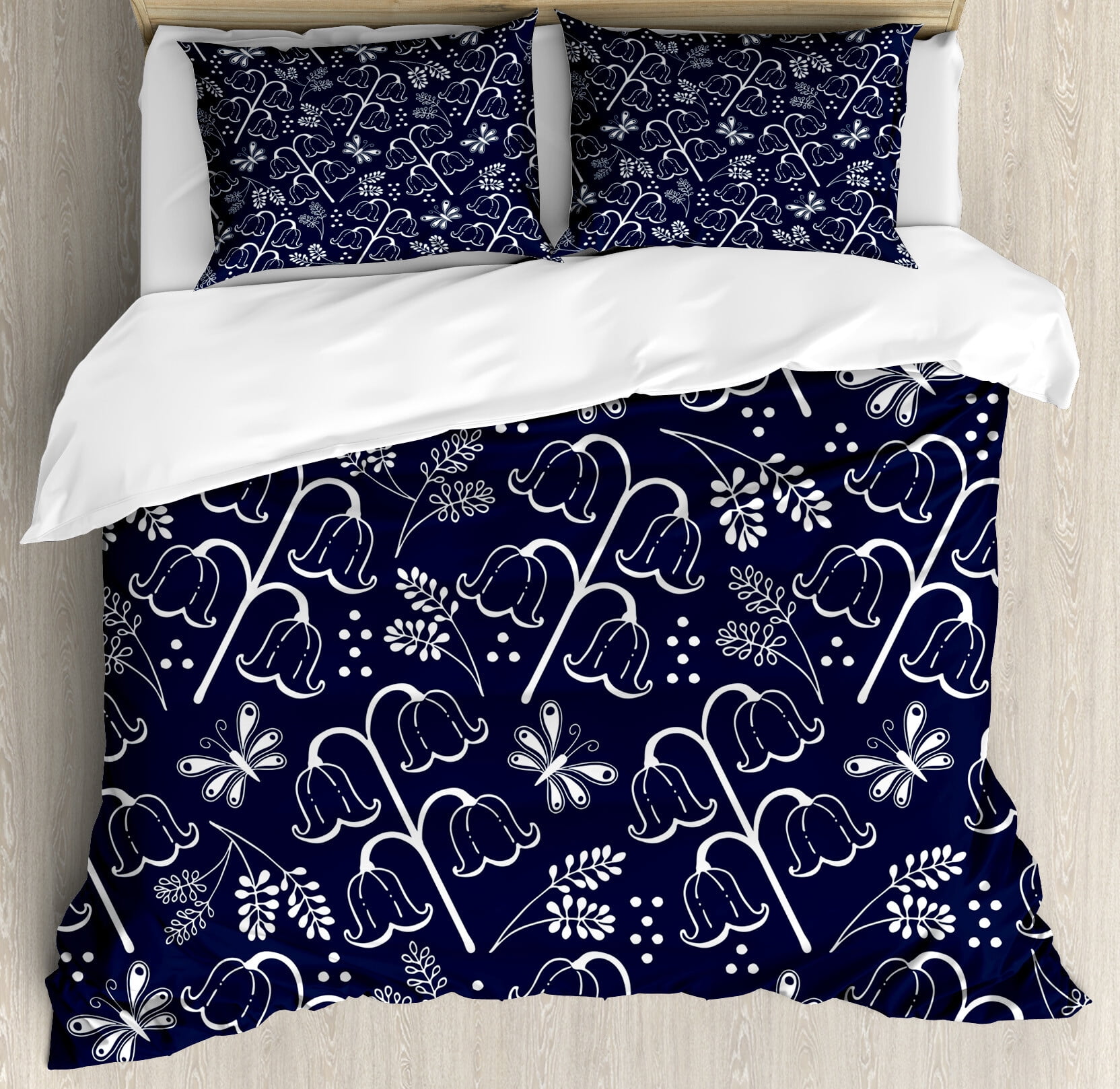 Navy Blue Duvet Cover Set, Tulip Bluebell Flower Pattern with Foliage Leaf Branches Feminine ...