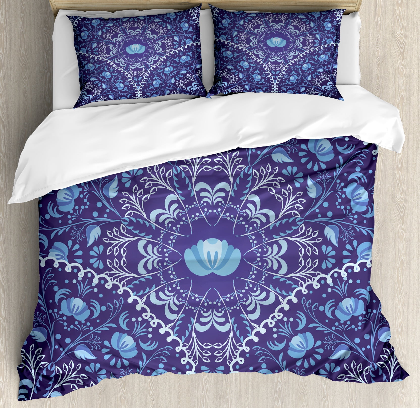 Navy Blue Duvet Cover Sets, Circular and Floral Alike Oriental Style ...