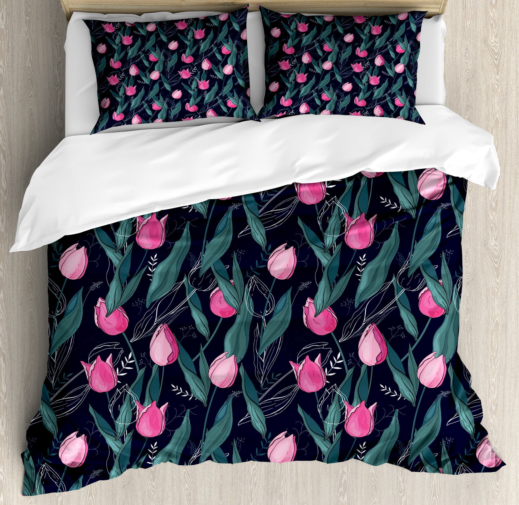 Navy Blue Duvet Cover Sets, Hand Drawn Abstract Nature Tulip Flower ...