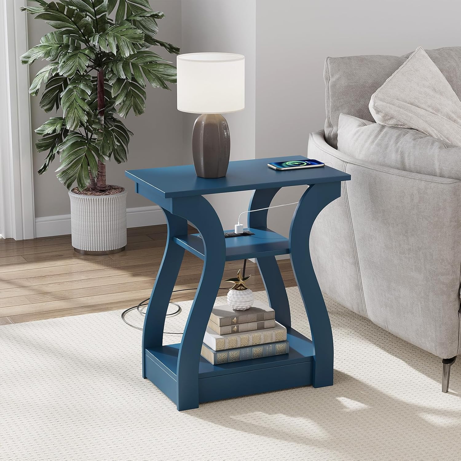 Navy Blue End Table with Charging Station & USB – 3-Tier Side Table ...