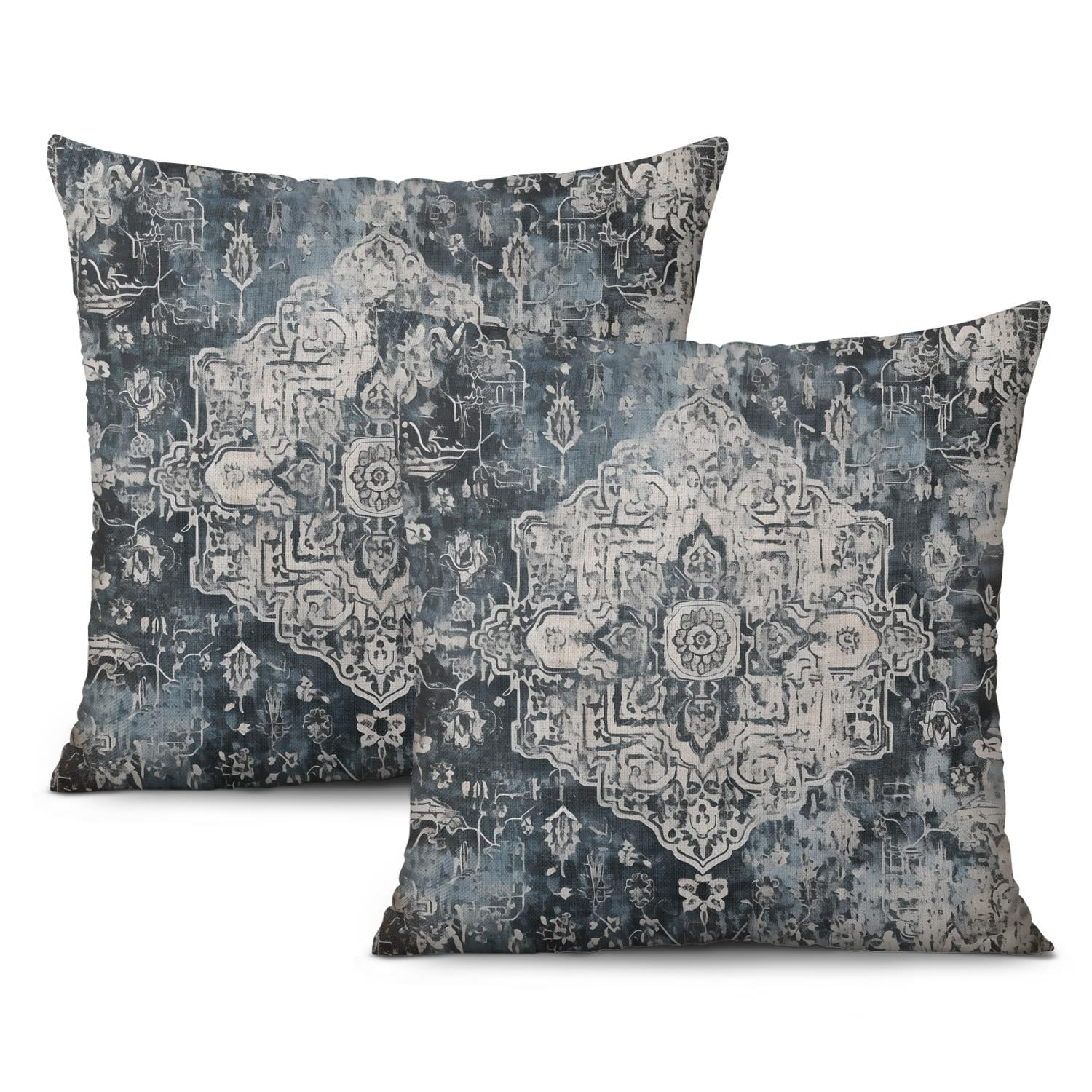 Navy Blue Ethnic Boho Throw Pillow Covers 18 X 18 Inch, Set Of 2, Linen ...