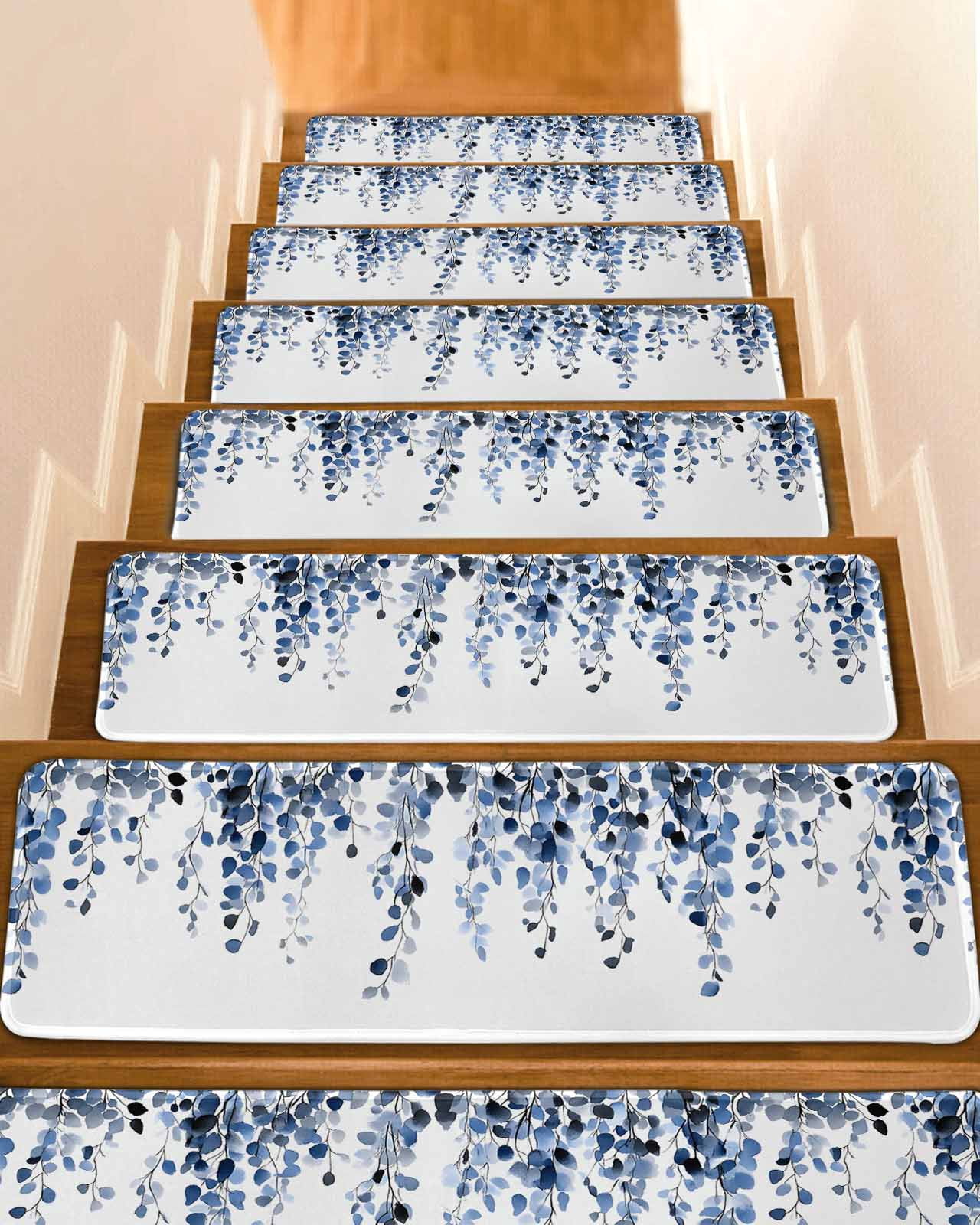 Navy Blue Eucalyptus Leaves Stair Treads for Wooden Steps Indoor Runner ...