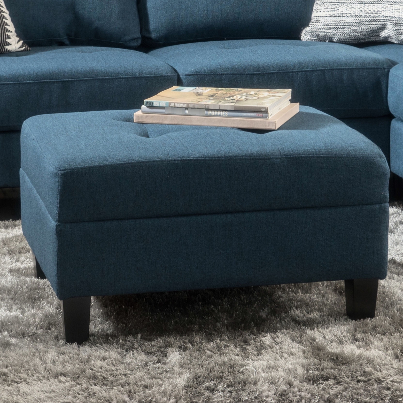 Navy Blue Fabric Ottoman with Cushion / Comfortable Leg Support and ...
