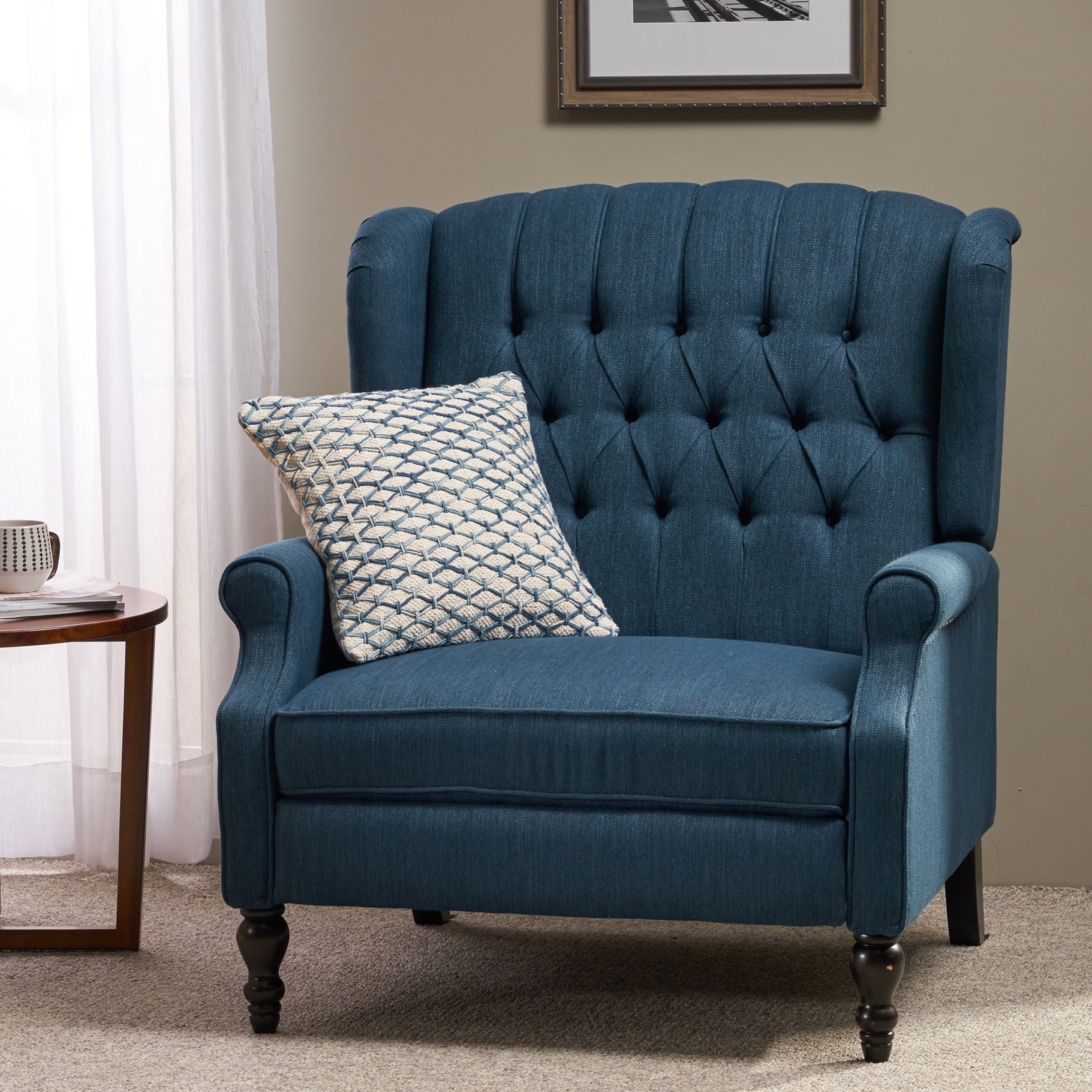 Navy Blue Fabric Recliner With Diamond Stitch And Wingback, Assembly Needed For Optimal Comfort ...