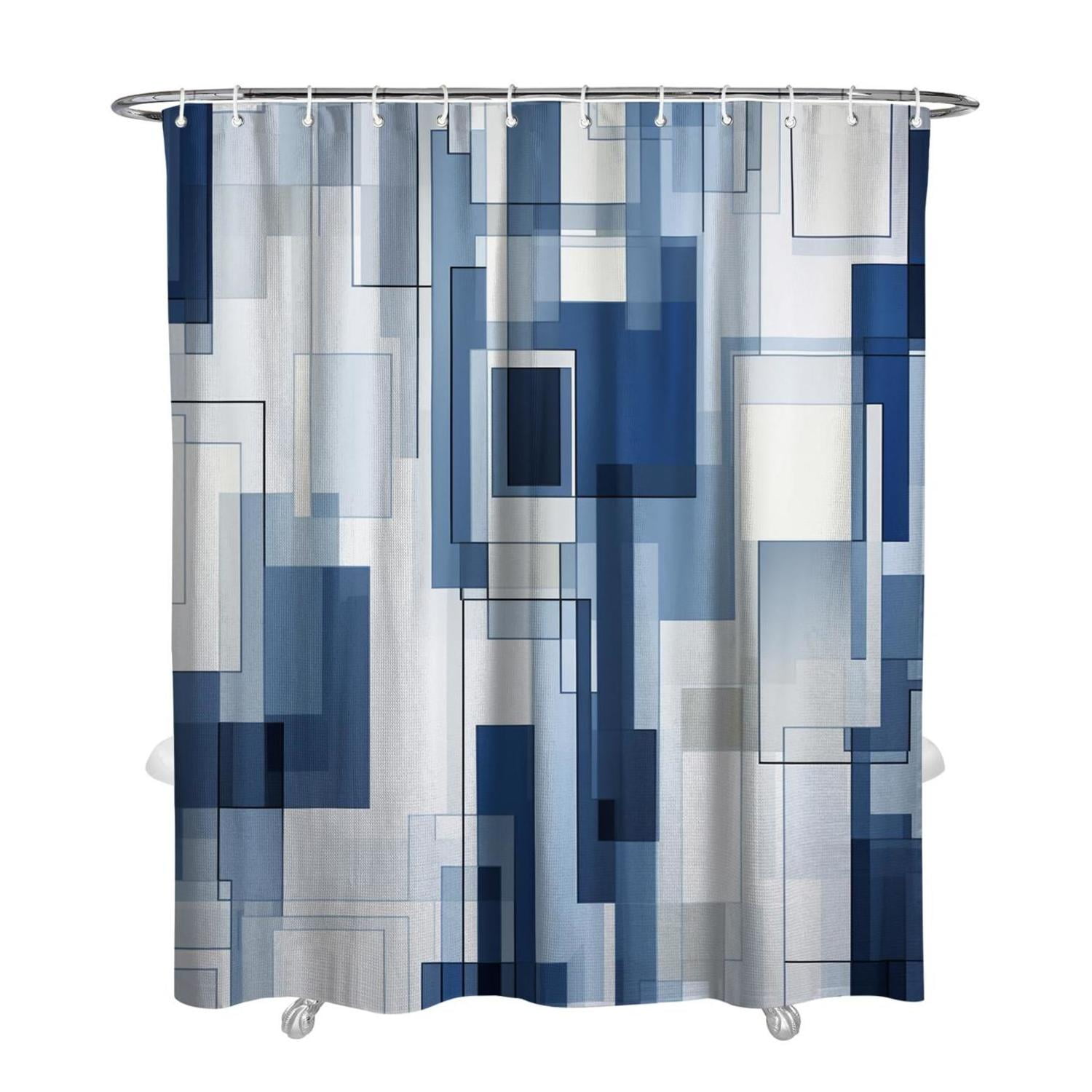 Navy Blue Fabric Shower Curtain - Geometric Shower Curtain Set with 12 ...