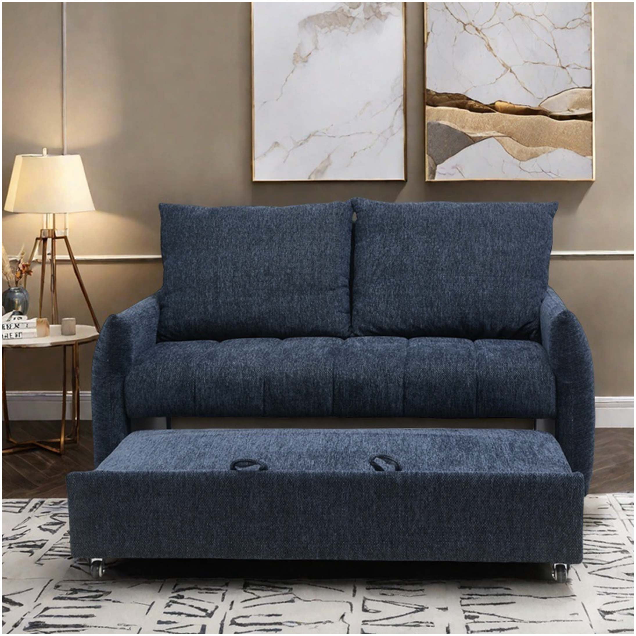 Navy Blue Fabric Sofa Bed with Adjustable Backrest, Modern Convertible ...
