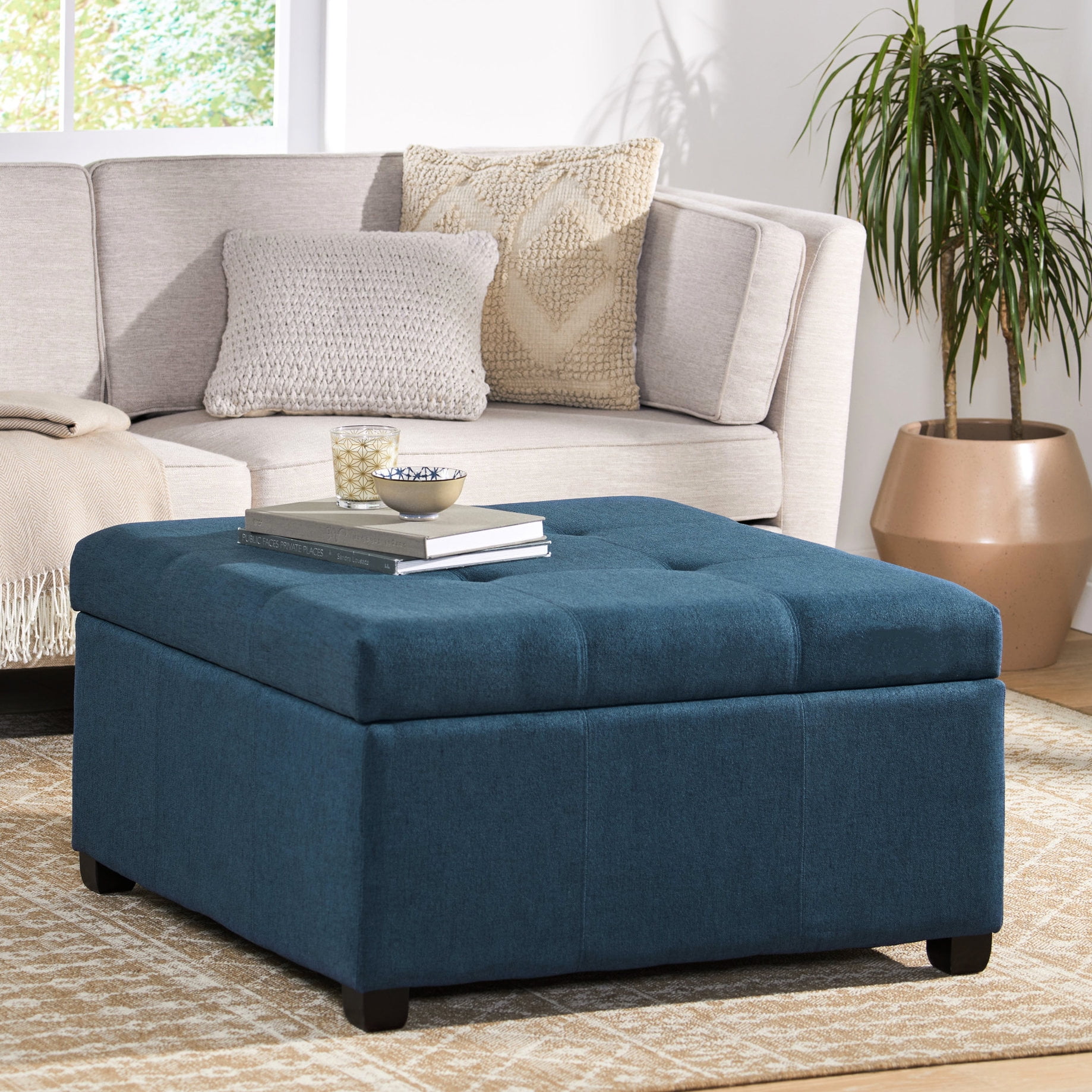 Navy Blue Fabric Storage Ottoman | Smooth Upholstery and Tufted Waffle ...