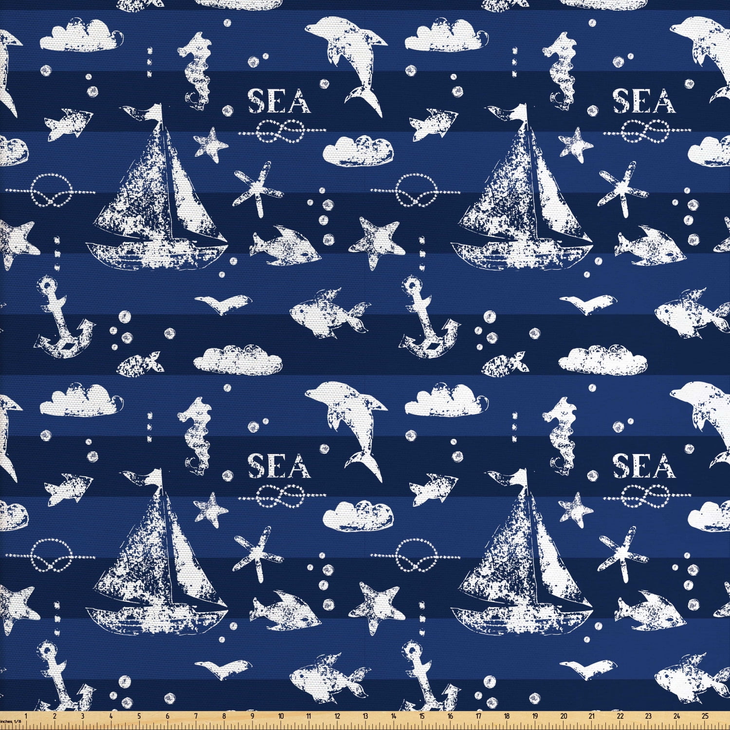 Ambesonne Navy Blue Fabric by the Yard Upholstery, Grunge Anchor Ship ...