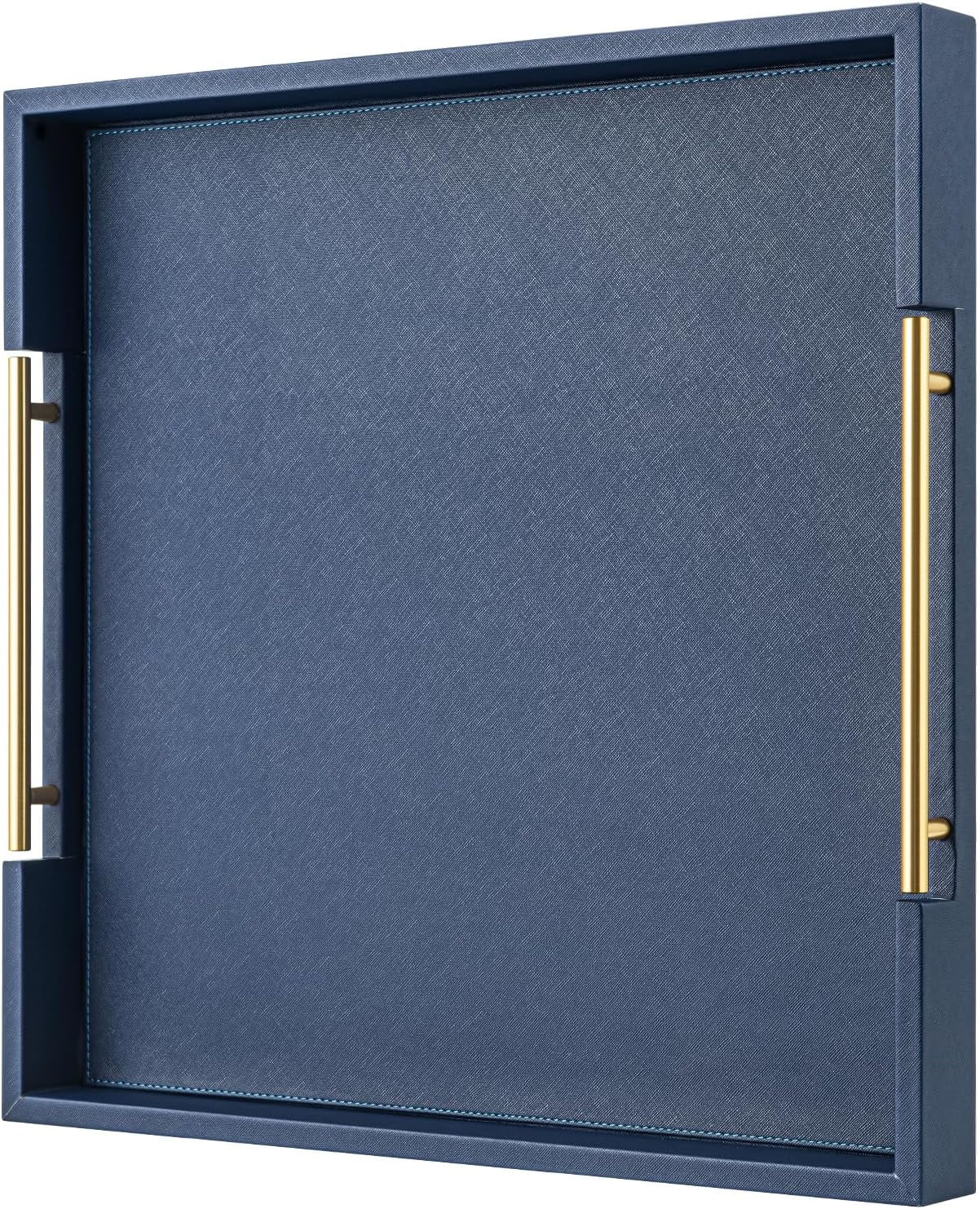 Navy Blue Faux Leather Decorative Tray, Large Square Serving Tray with ...