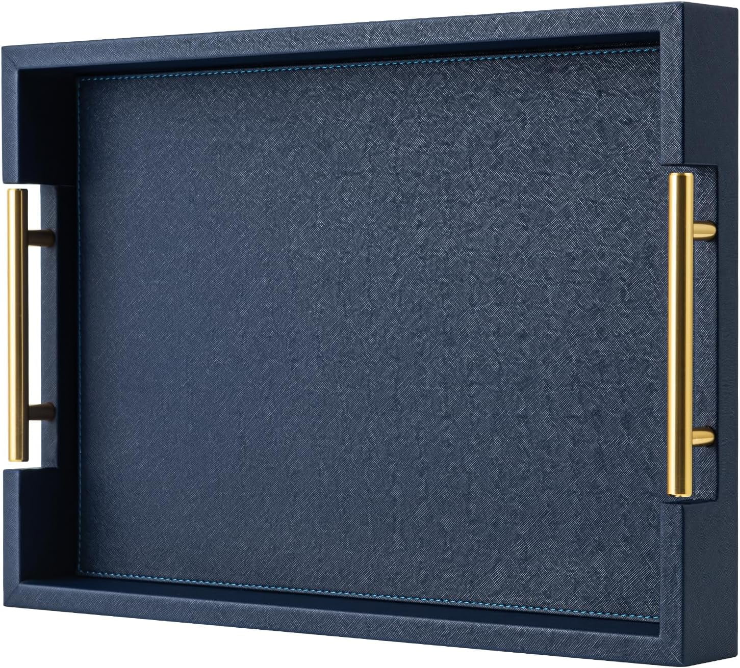 Navy Blue Faux Leather Serving Coffee Tray with Gold Handles,Rectangle ...