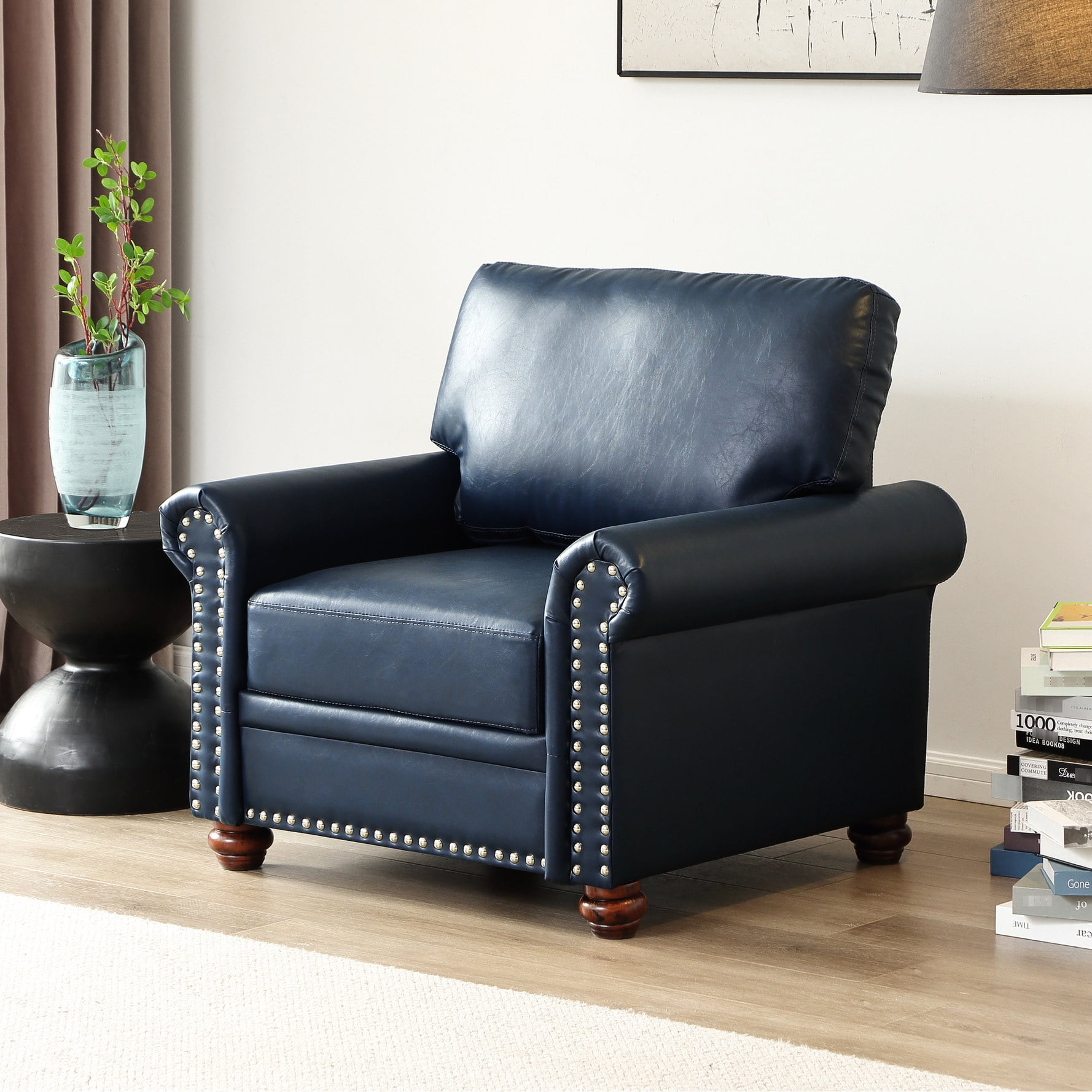Navy Blue Faux Leather Single Seat Sofa with Wood Legs - Provide ...