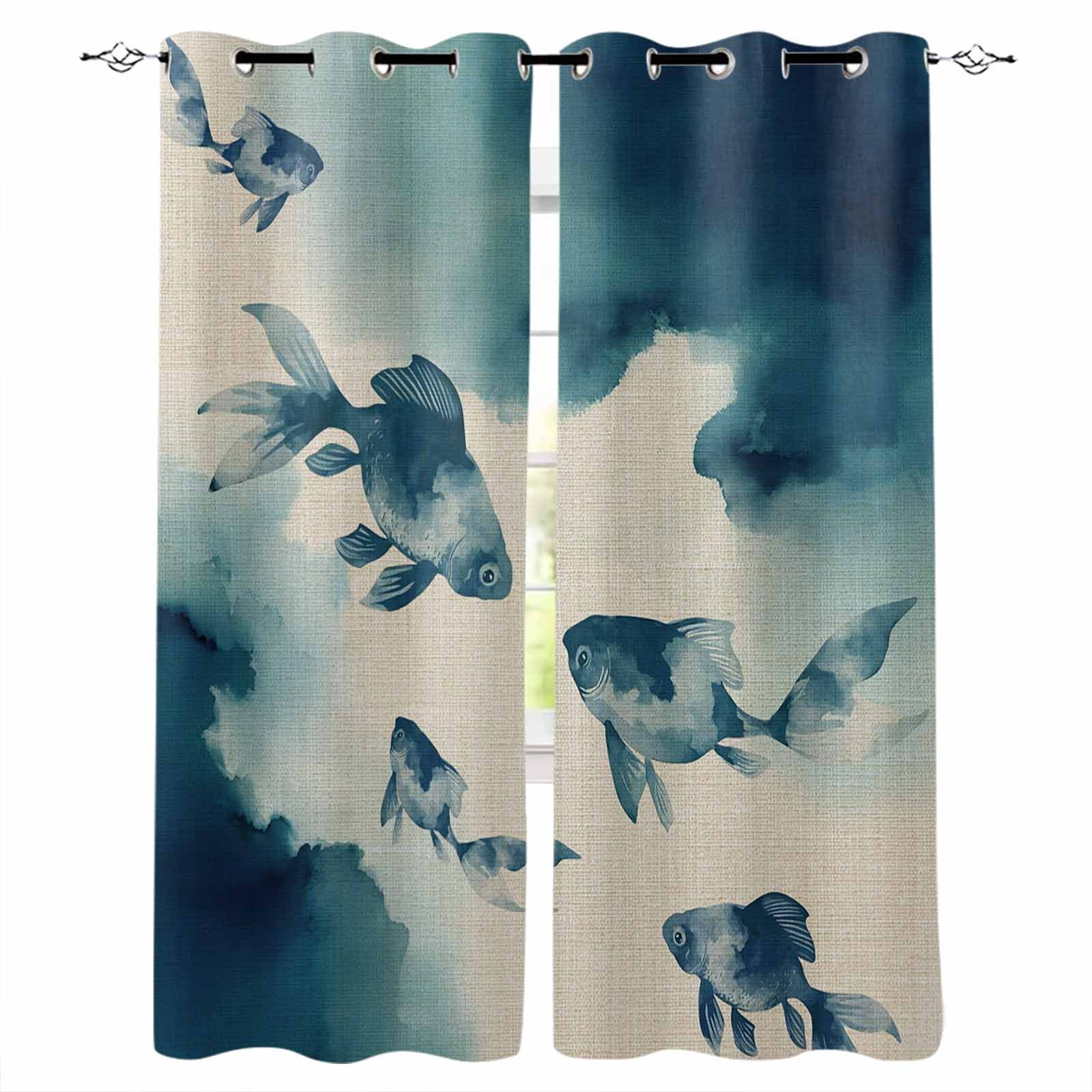 Navy Blue Fish Blackout Curtains for Bedroom, Thermal Insulated Drapes ...