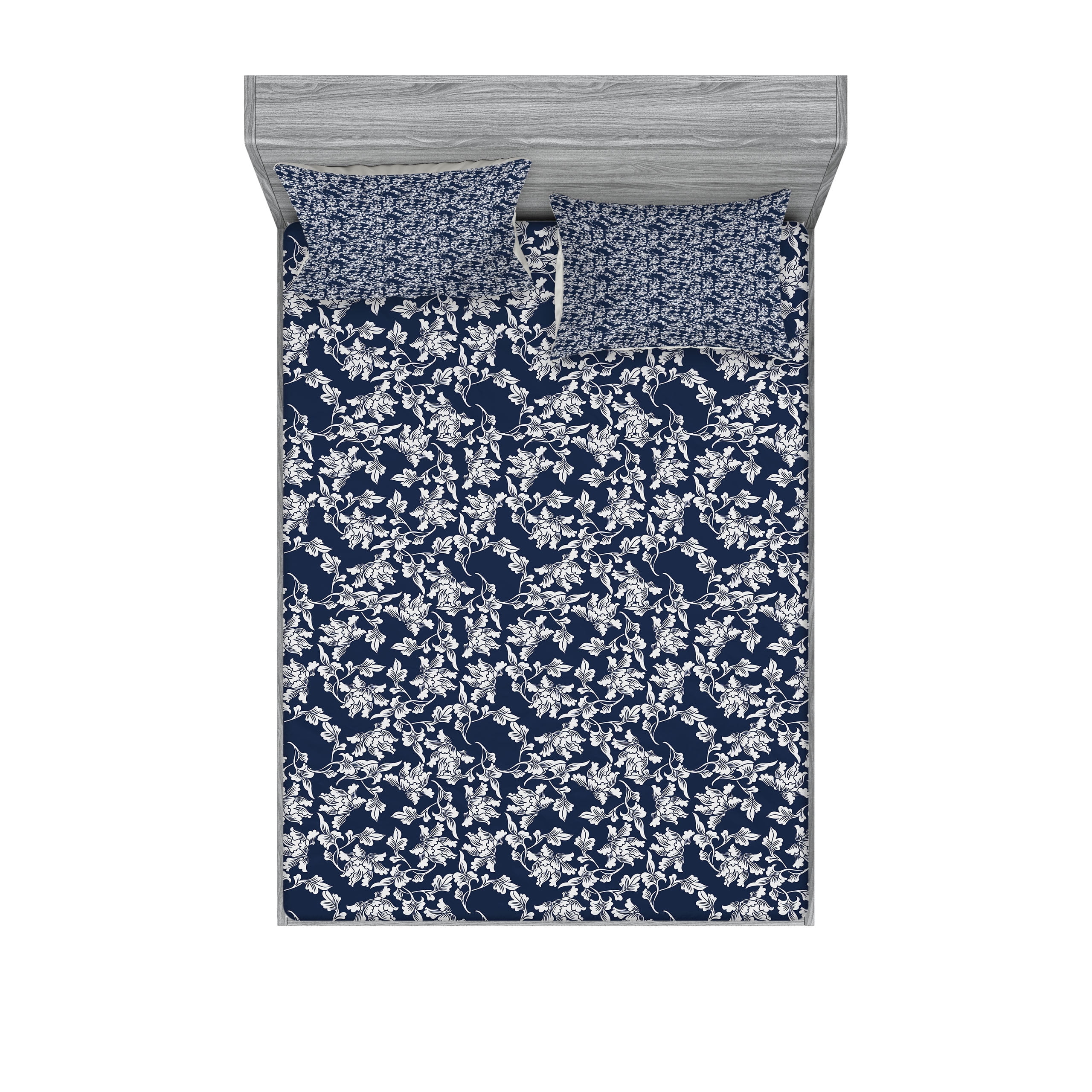 Navy Blue Fitted Sheet & Pillow Sham Set, Floral Arrangement Botanic ...
