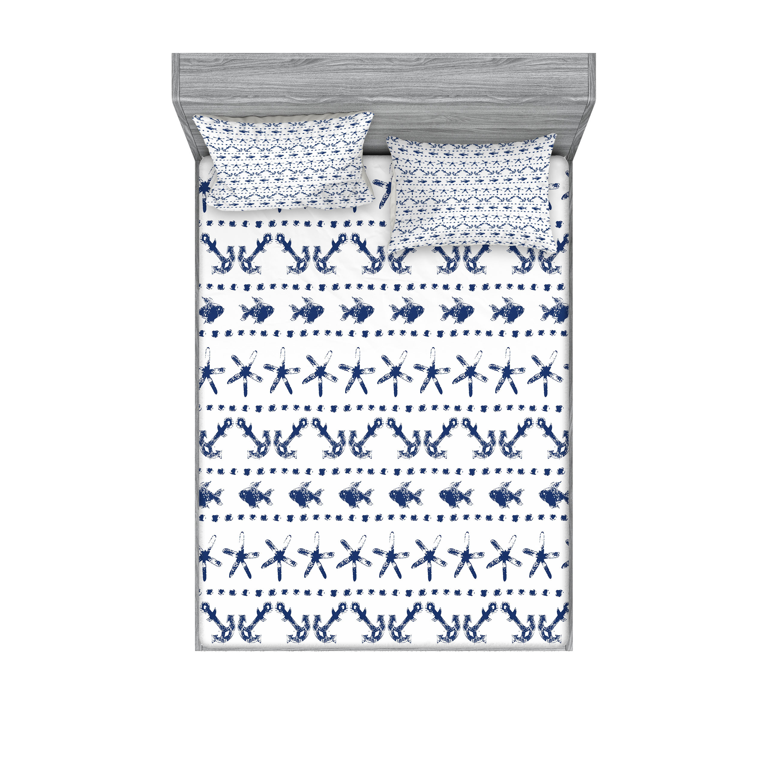 Navy Blue Fitted Sheet & Pillow Sham Set, Illustration Yatch Themed ...