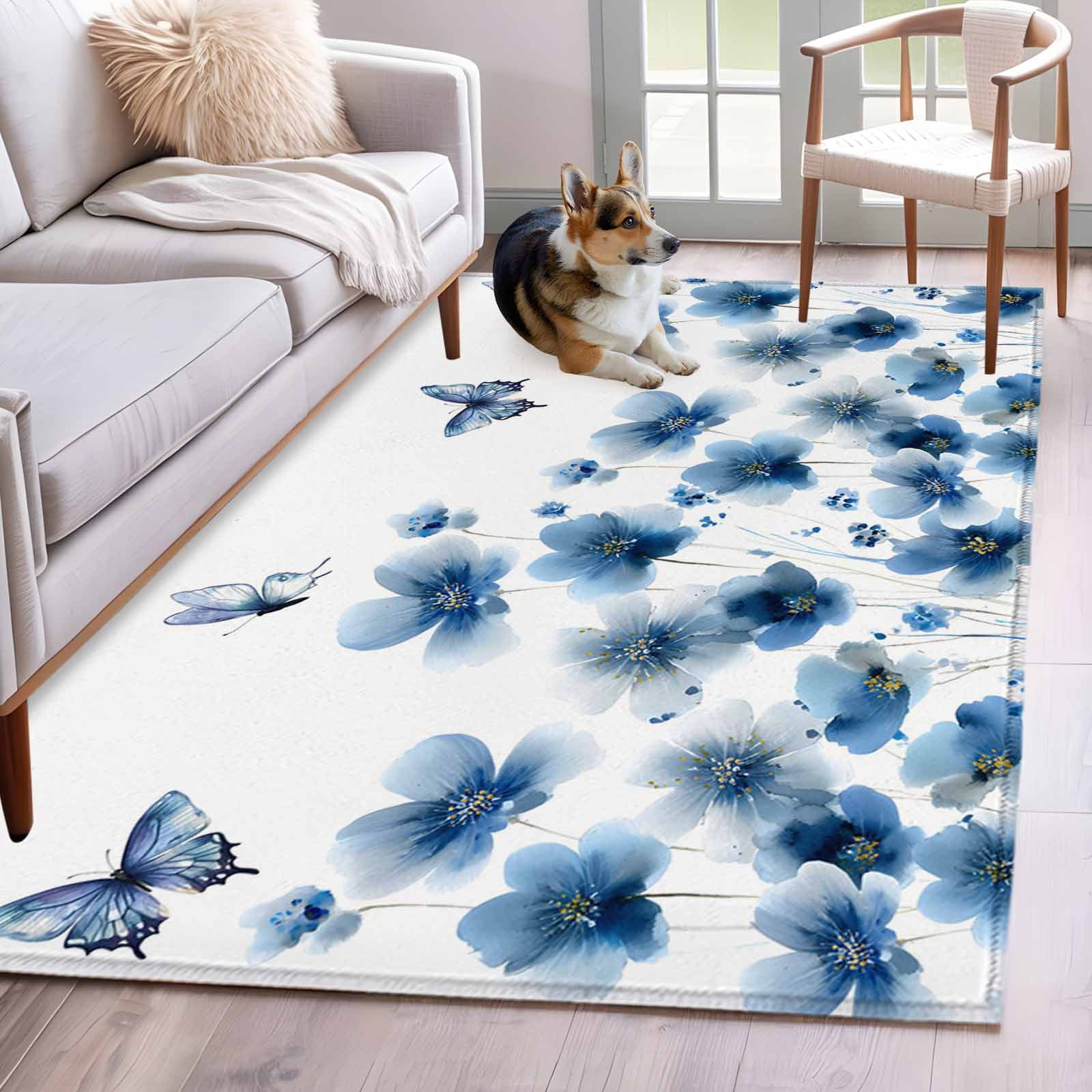 Navy Blue Floral Area Rugs 4'x6', Washable Small Throw Rugs for Office ...